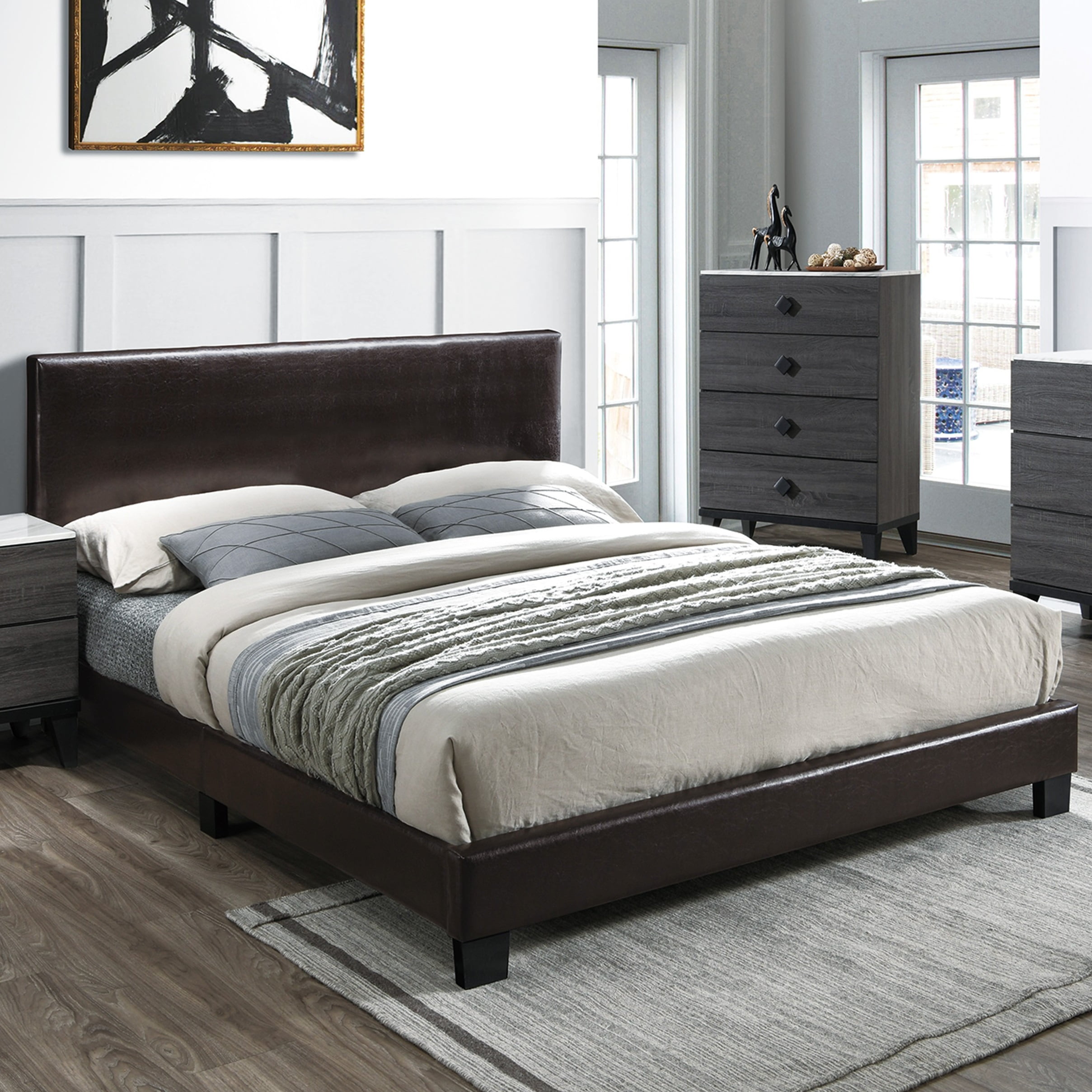 Bed Frame Modern Brown 1pc Queen Size Bed Faux Leather Upholstered ...