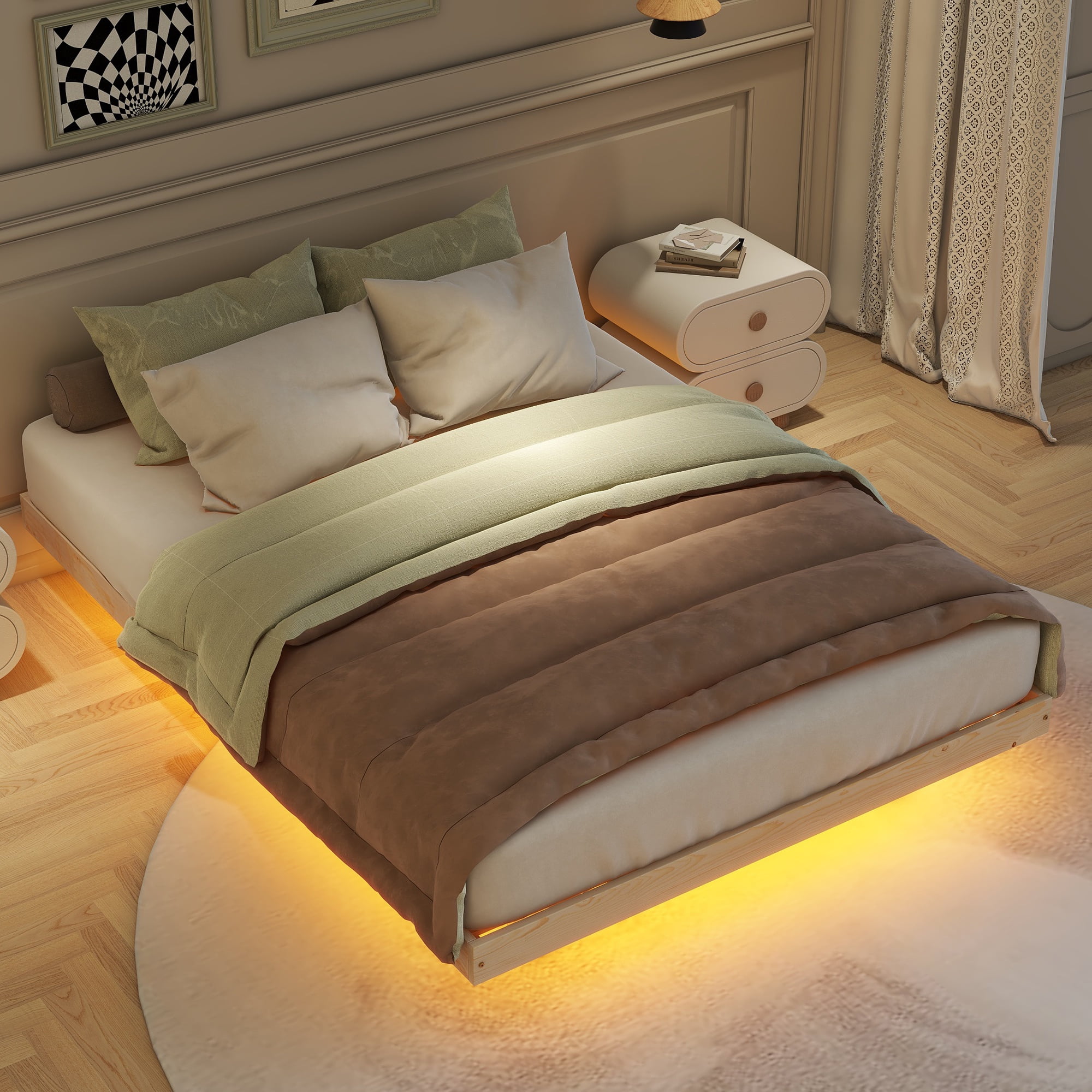 PORKISS Floating Bed Frame, Full Size Wood Bed Frame with LED Lights ...
