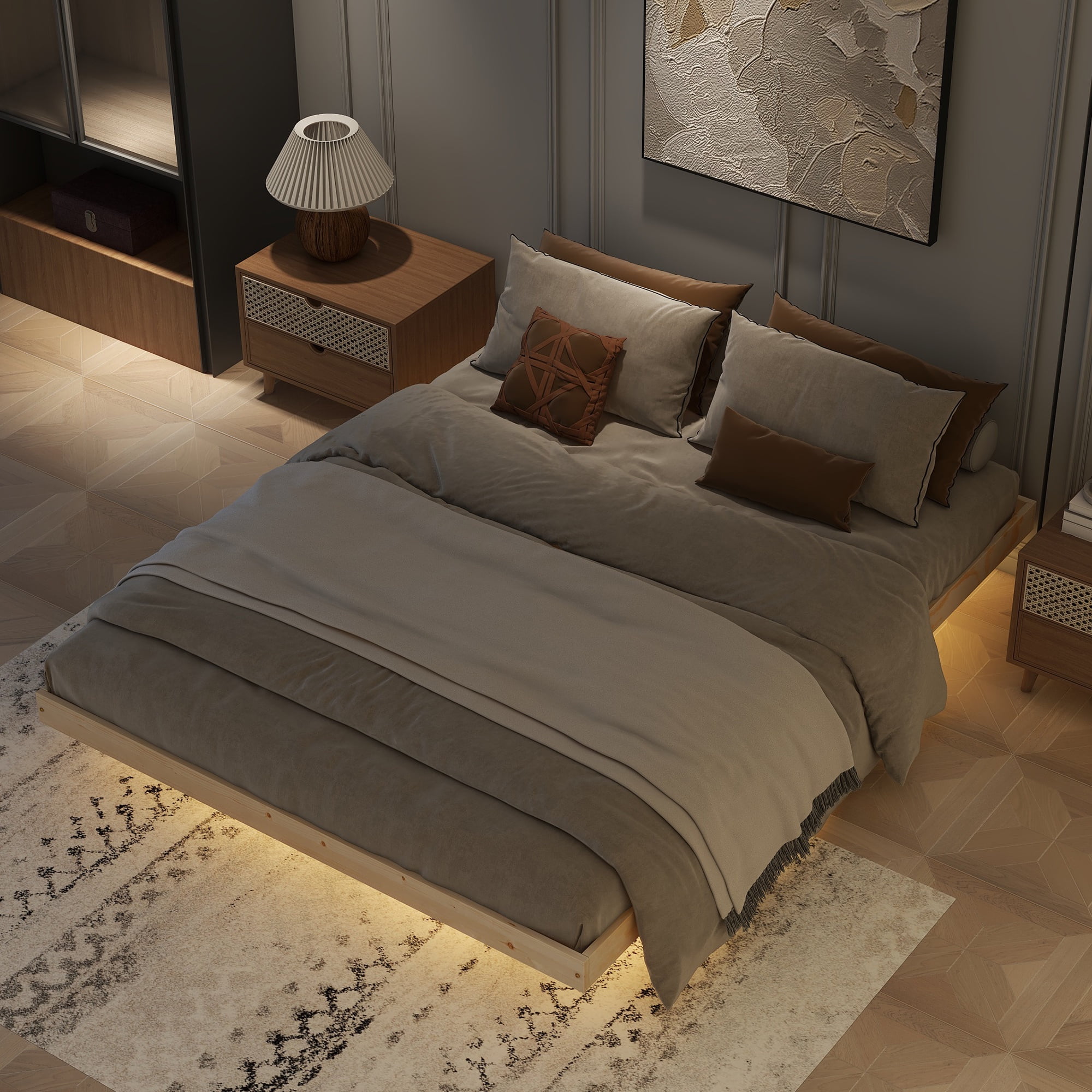 PORKISS Floating Bed Frame, Queen Size Wood Bed Frame with LED Lights ...