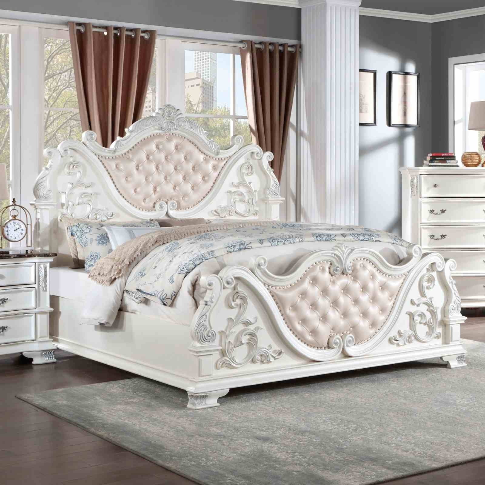 Bed Frame Pearl White Traditional California King Size Bed Tufted HB ...