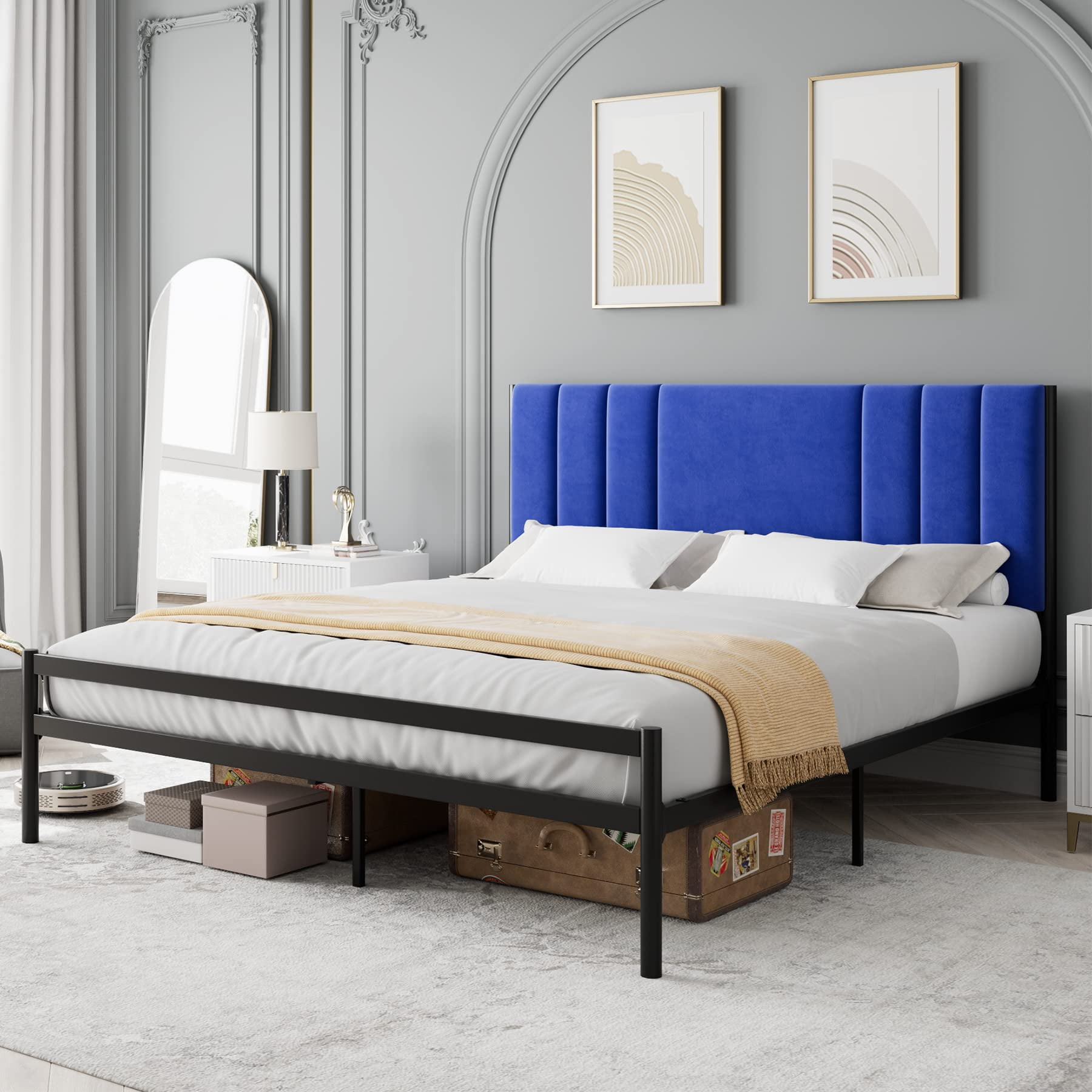 Bed Frame,Platform Bed with Velvet Headboard,Heavy Duty Bed Frame, No ...