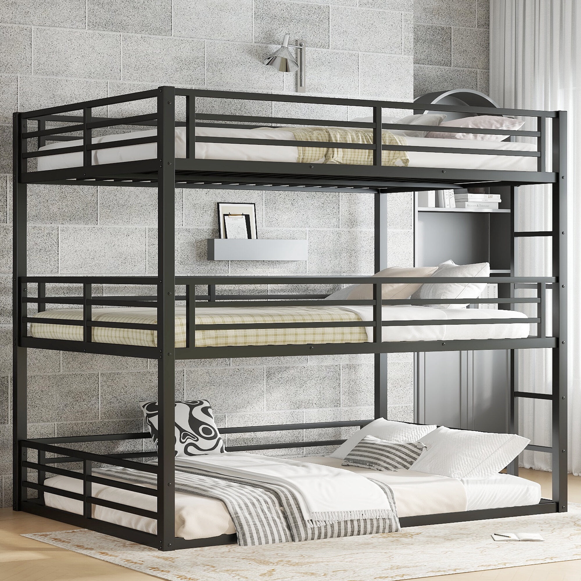 Bed Frame Queen over Queen over Queen Bunk Bed, Metal Triple Bunk Bed ...