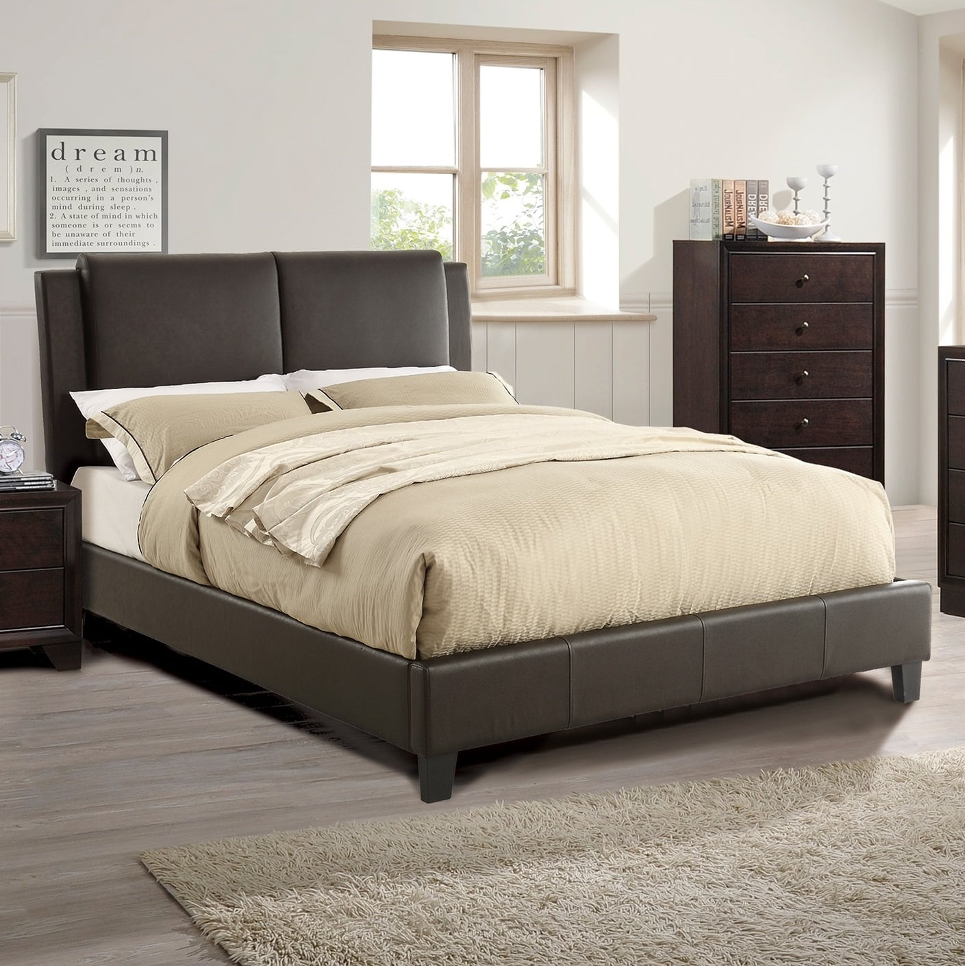 Bed Frame Queen Size Bed 1pc Bed Set Brown Faux Leather Upholstered Two ...