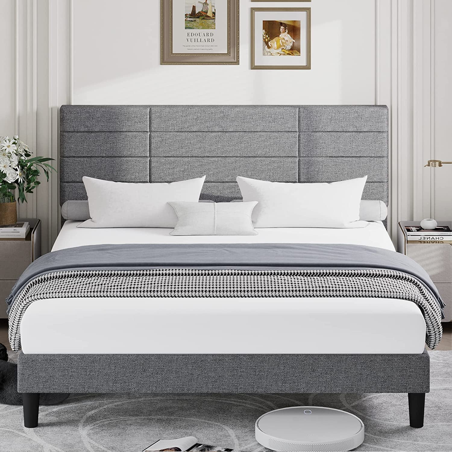 Bed Frame Queen Size Upholstered Platform Beds with Headboard Linen ...