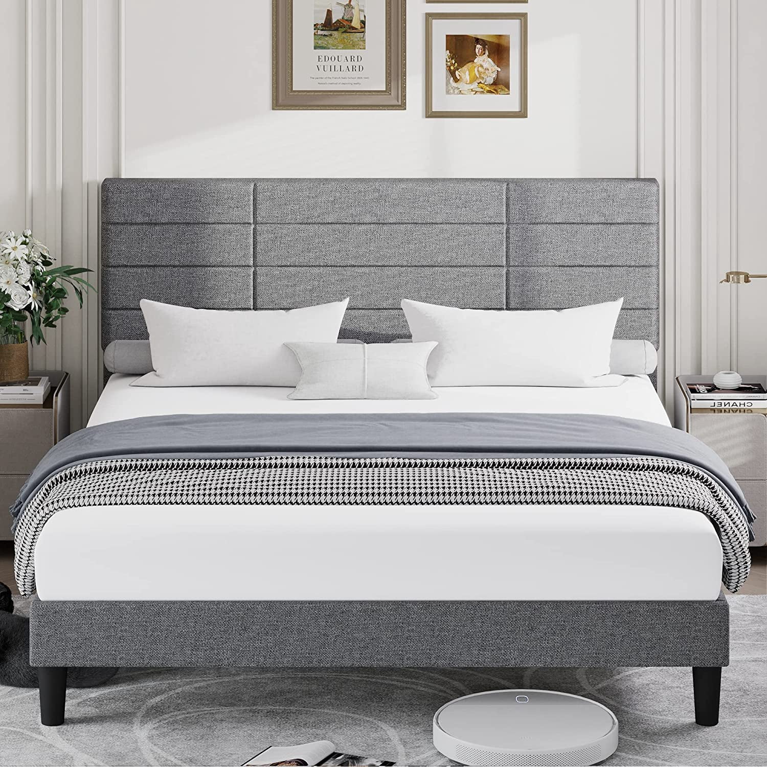 Bed Frame Queen Size Upholstered Platform with Headboard Linen Fabric ...