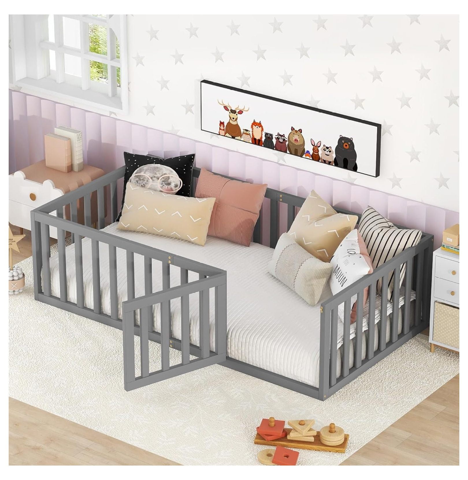 Bed Frame Size Floor Bed with Safety Rails and Door, Wood Floor Bed ...