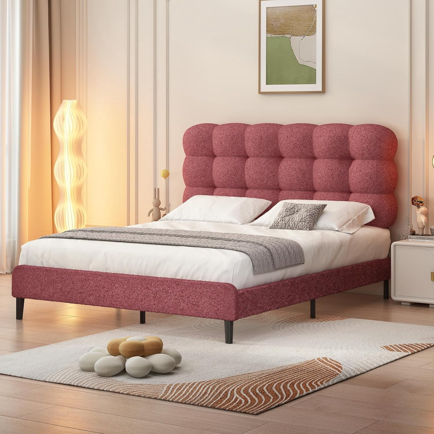 Bed Frame with Soft Boucle Upholstered Headboard, Platform Bed with ...