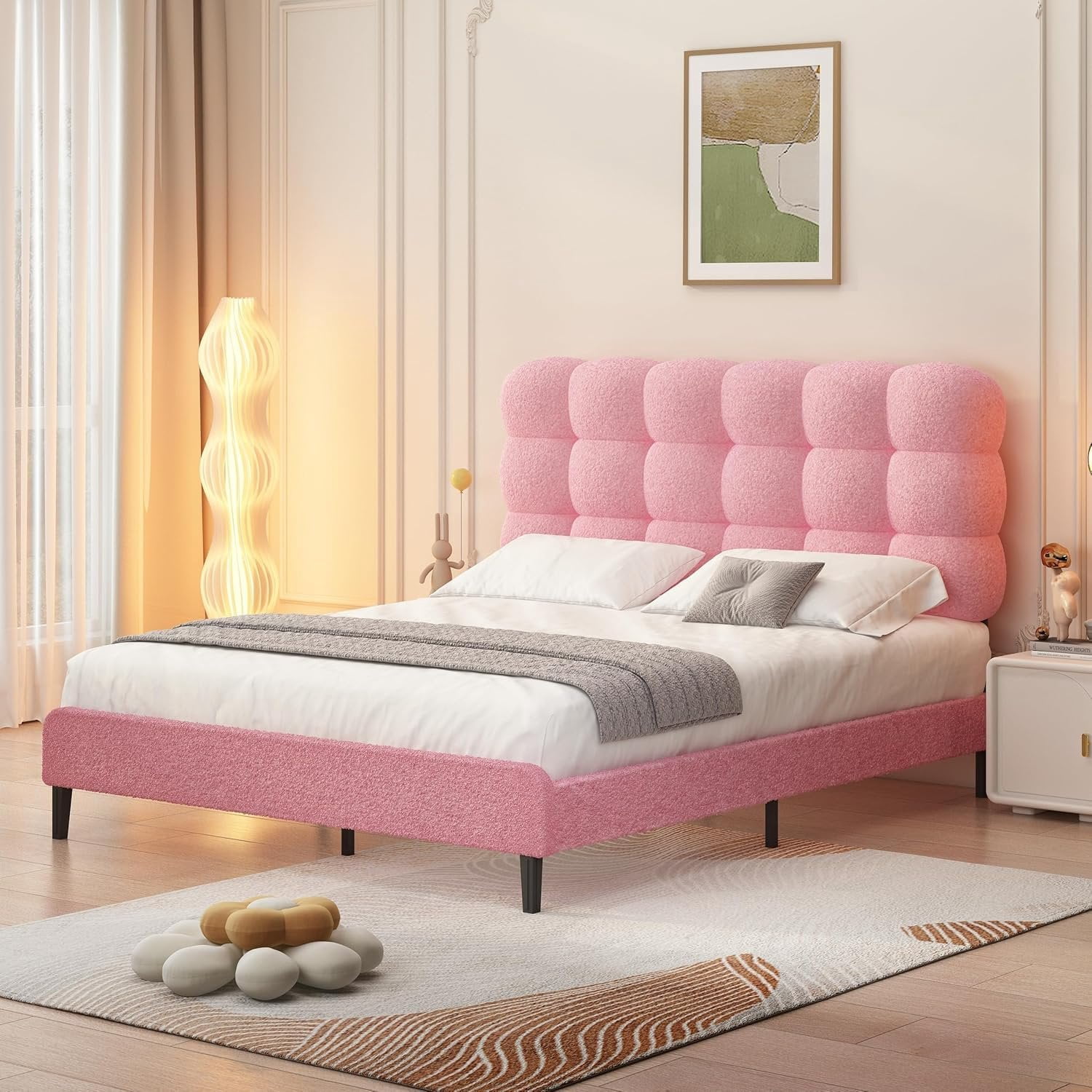 Bed Frame with Soft Boucle Upholstered Headboard, Platform Bed with ...