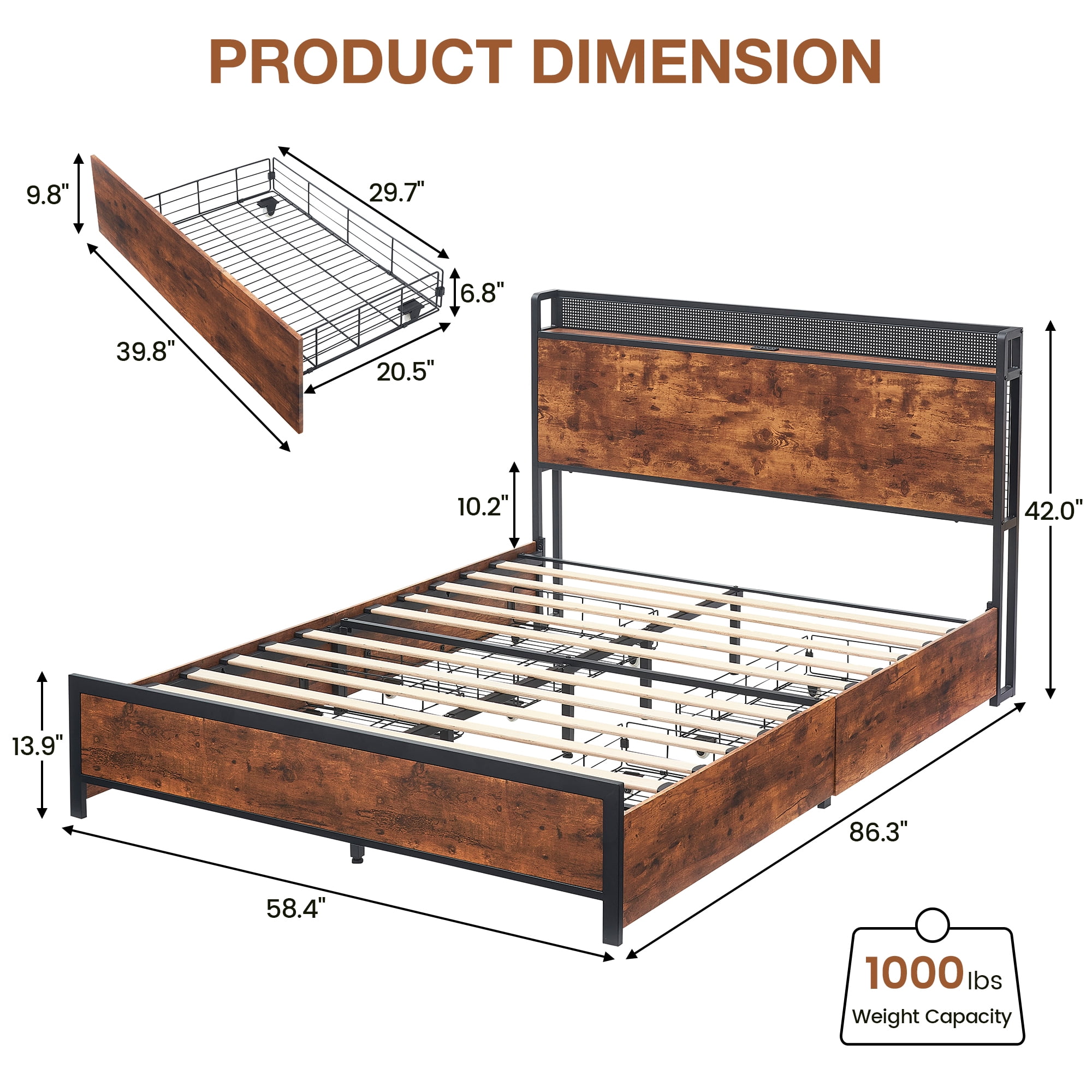 Bed Frame with Storage Drawers and Charging Station, LED Light Queen ...