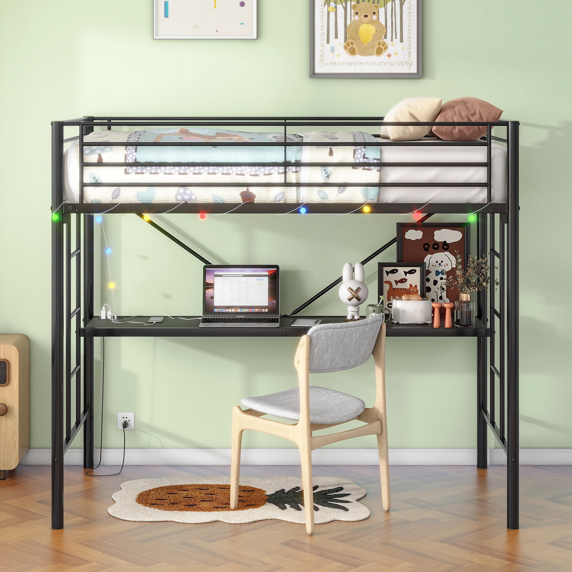 Bed Frame Twin Metal Loft Bed with Desk, Power Outlet and LED Lighted ...