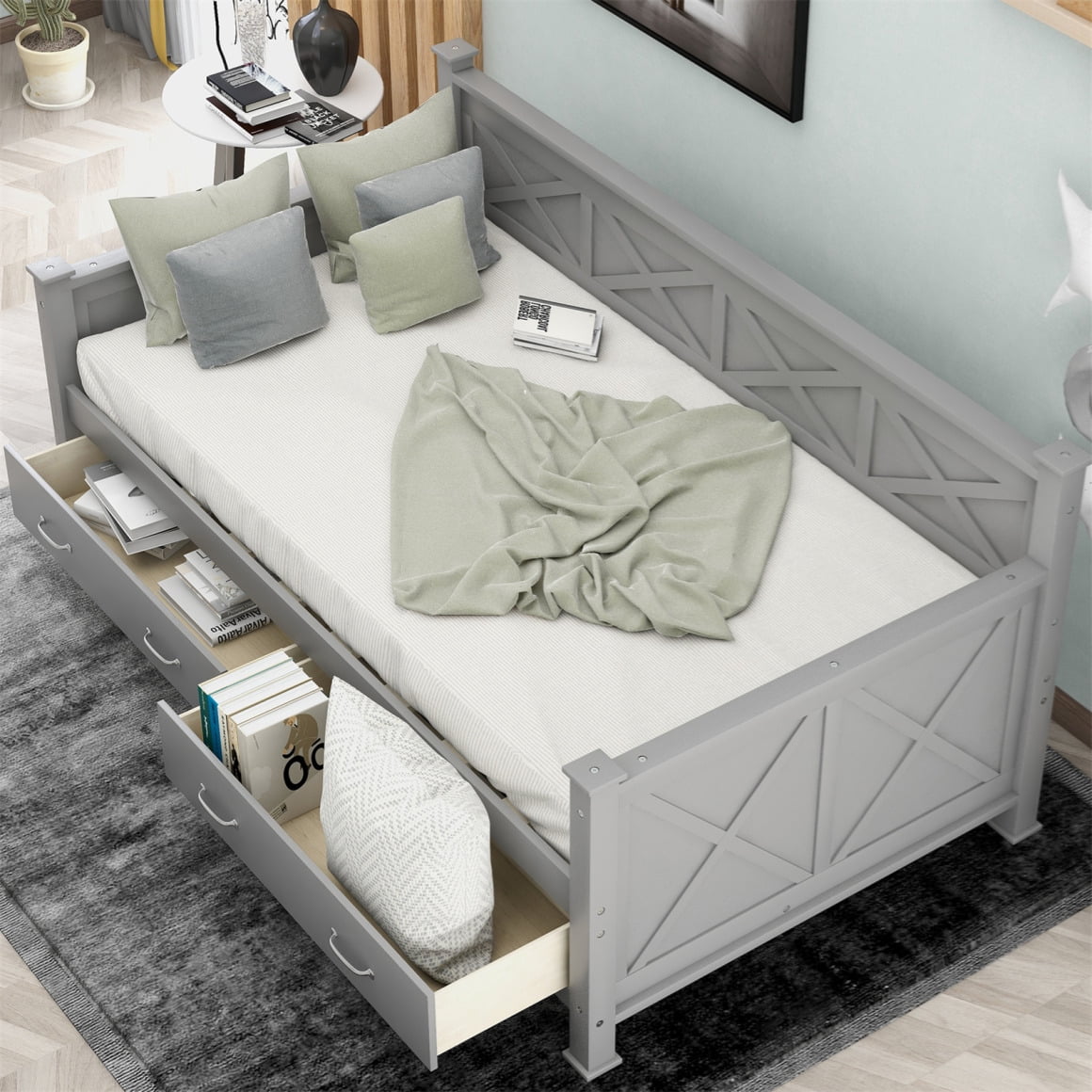 Bed Frame, Twin Size Daybed with 2 Large Drawers, X-shaped Frame ...