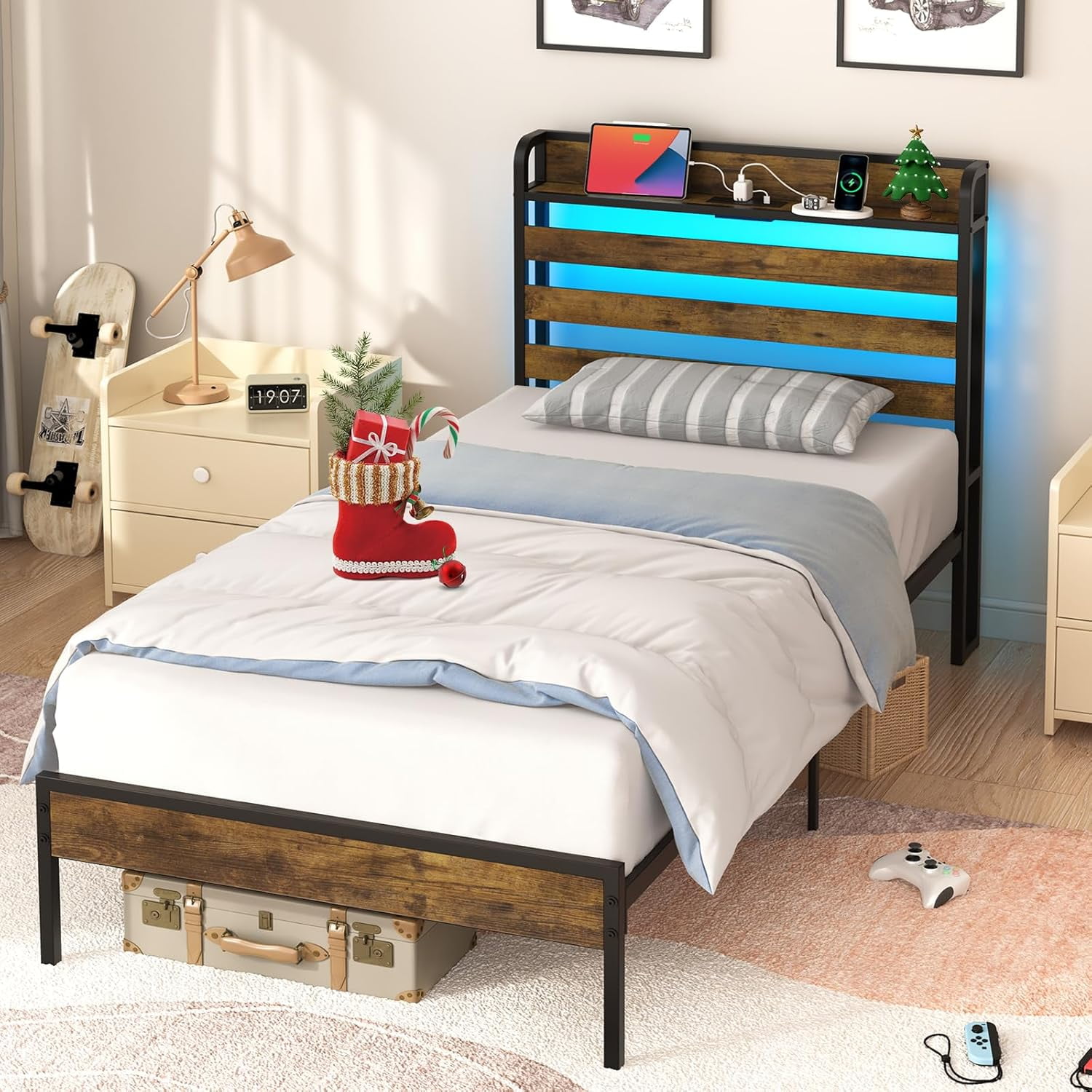 Bed Frame Twin Size with Led Lights Charging Station Bedframe with Wood ...