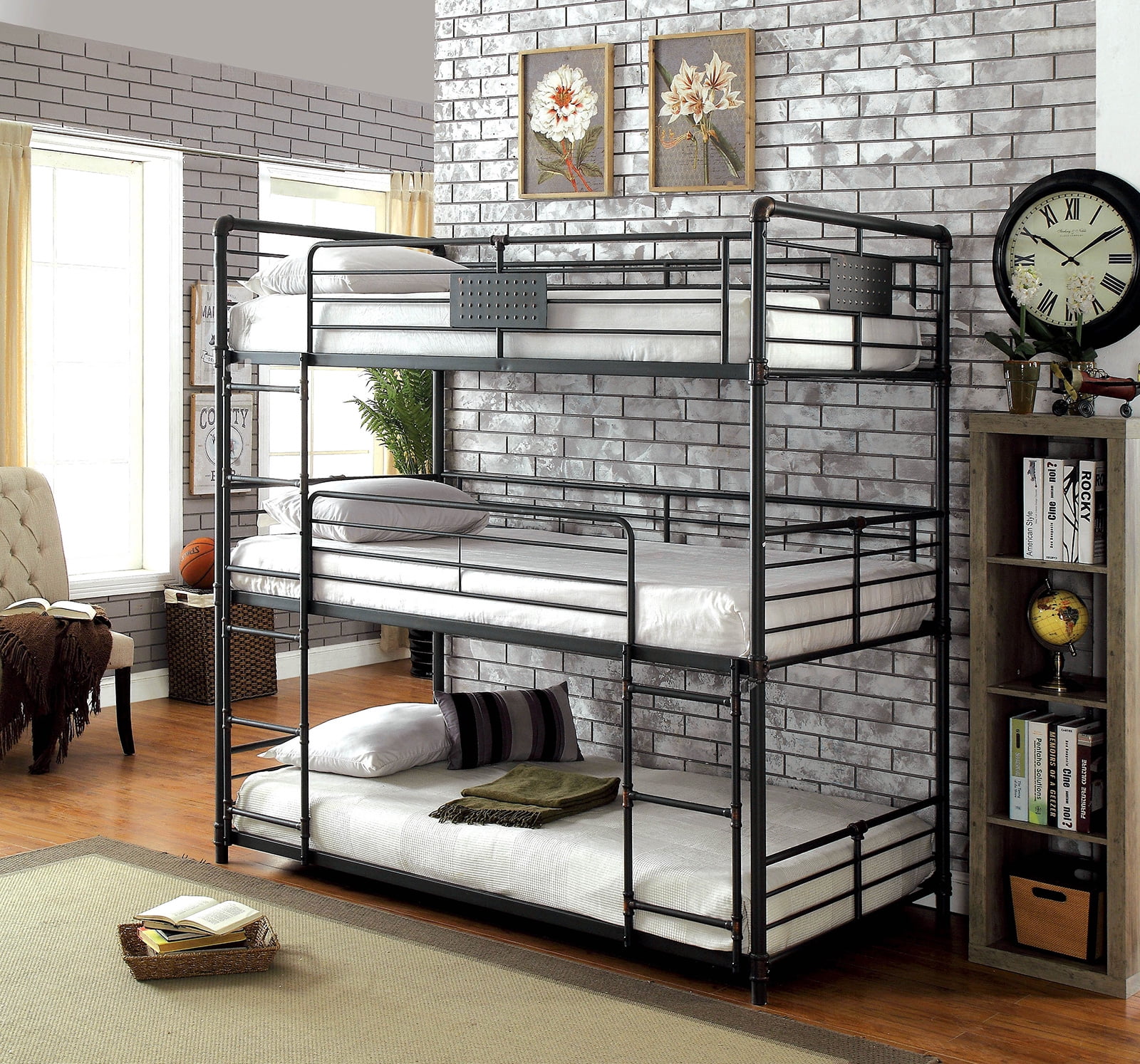 Bed Frame Twin Over Twin Over Twin Bunk Bed Industrial Style Metal ...