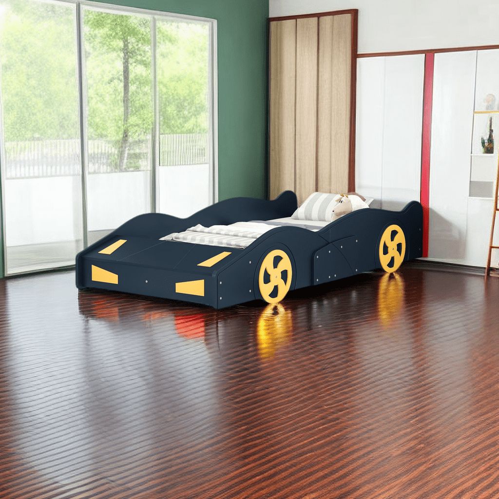 Bed Frame Twin Wood, Twin Size Race Car-Shaped Platform Bed with Wheels ...