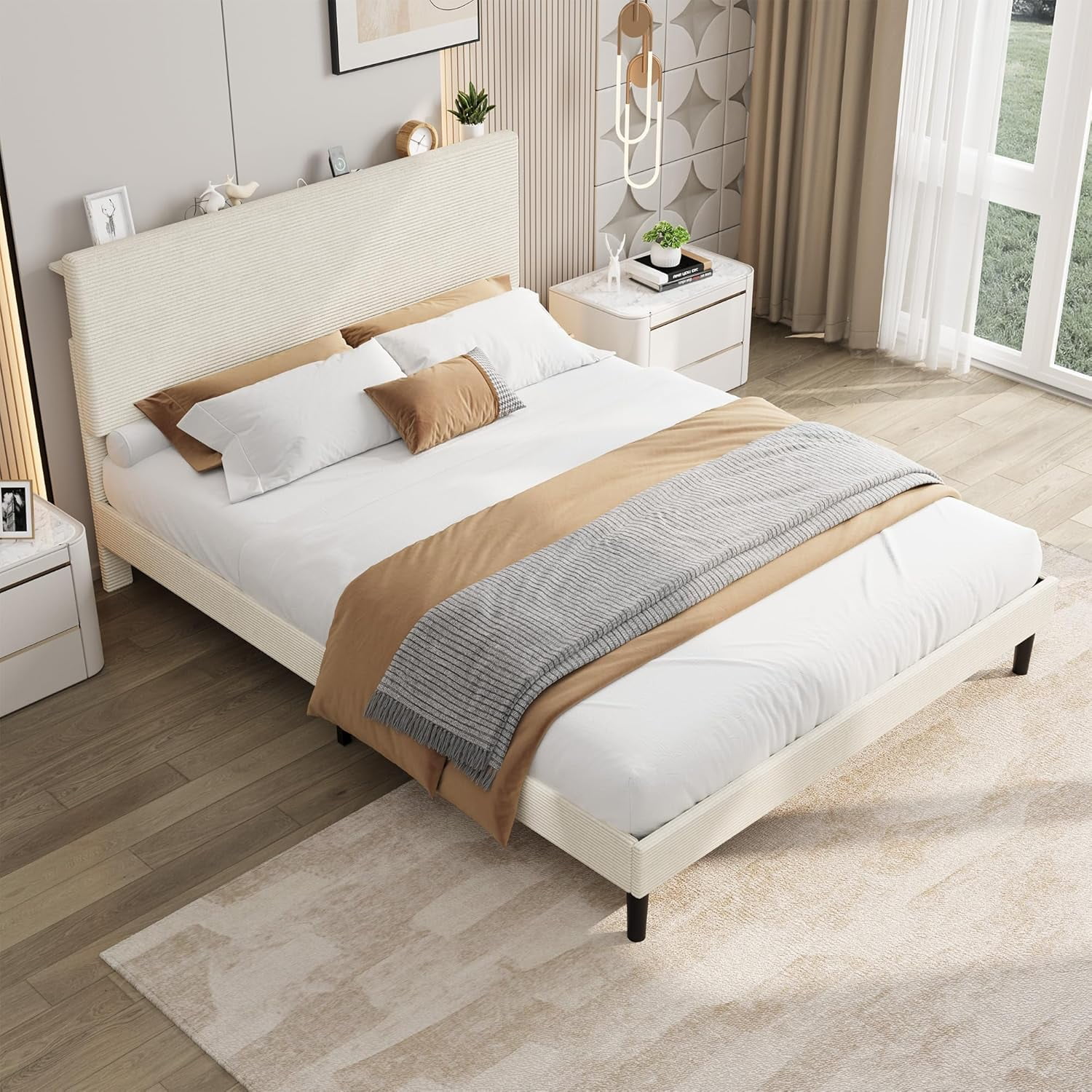 Bed Frame with USB Charging Station, Corduroy Upholstered Platform Bed ...