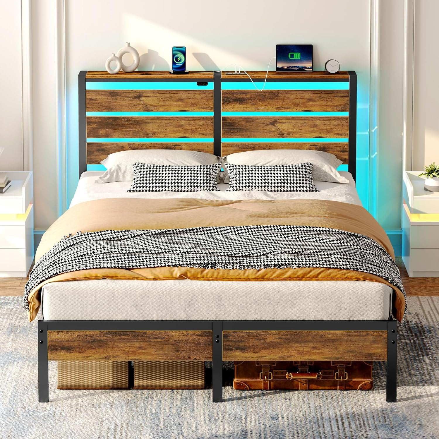 Bed Frame with USB Charging Station, LED Bed Frame with Wood Storage ...