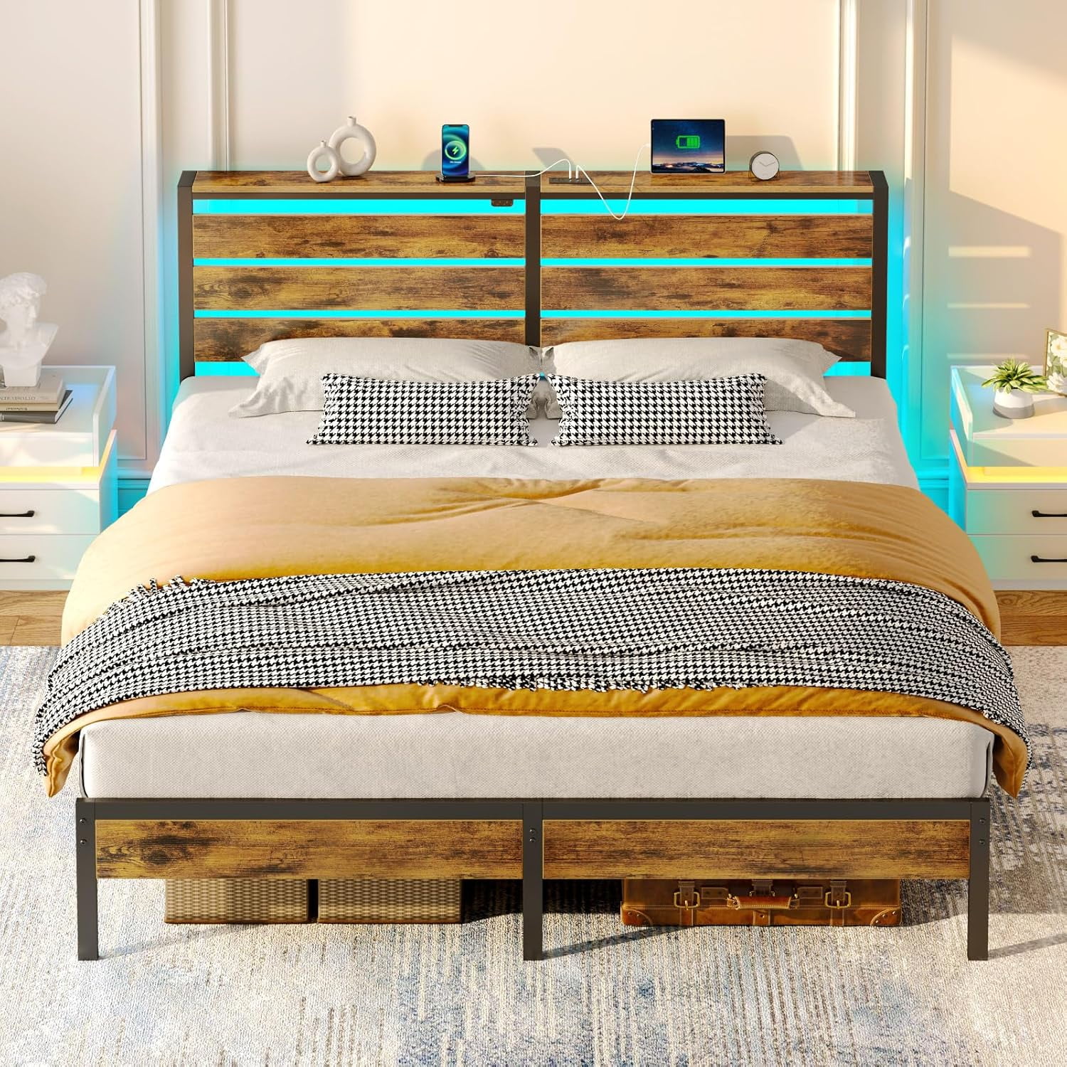 Bed Frame with USB Charging Station, LED Bed Frame with Wood Storage ...