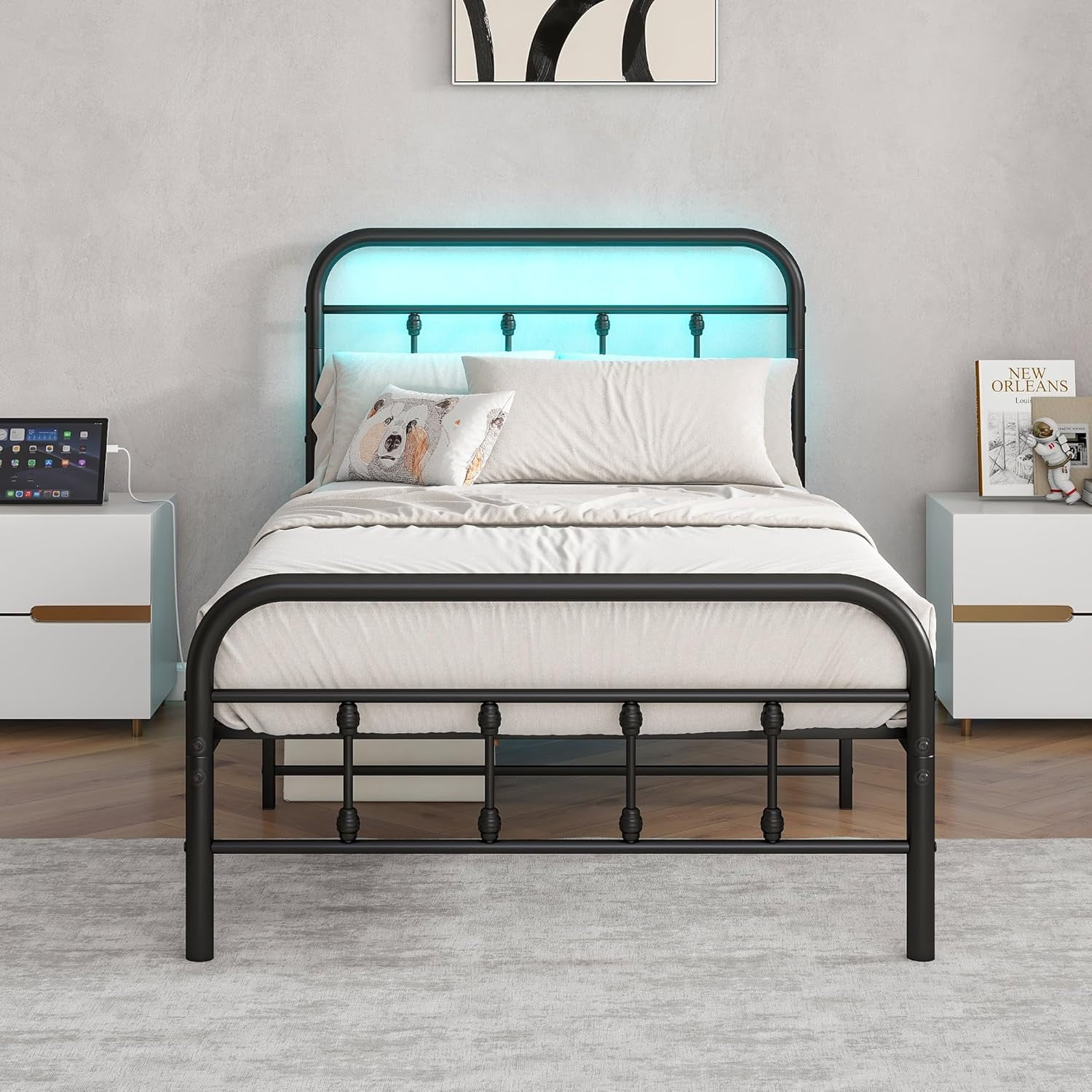 Bed Frame with USB Charging Station Twin Bed with LED Lights Headboard ...