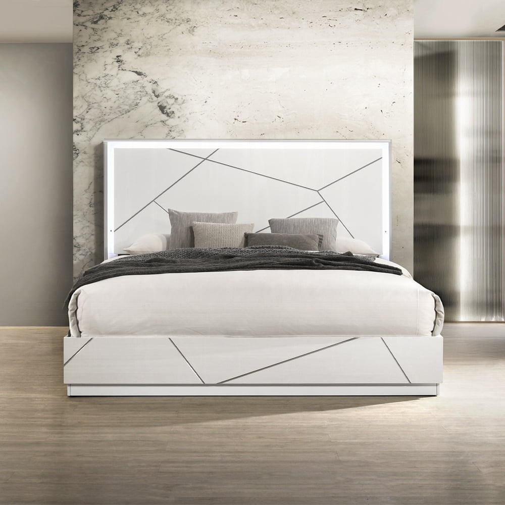 Bed Frame Ultra Modern White Finish Stylish King Bed w LED Light ...