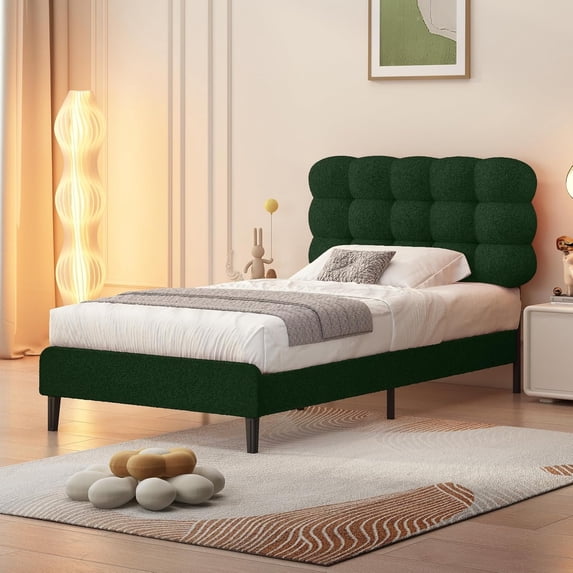 Bed Frame with Upholstered Headboard, Soft Boucle Fabric, Platform Bed ...
