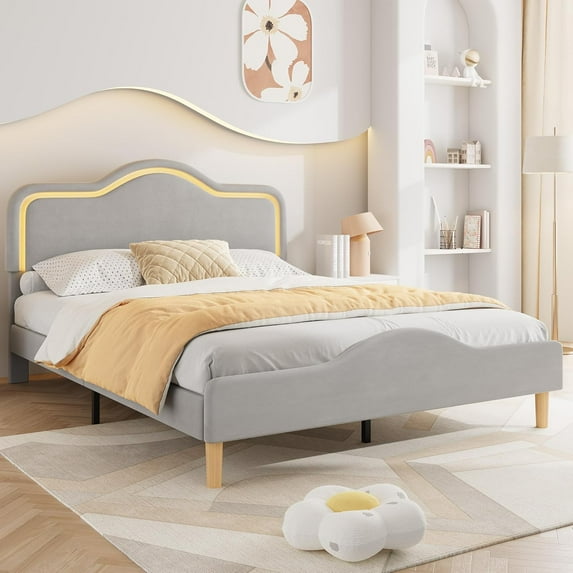 Bed Frame,Upholstered LED Bed Frame with Adjustable Headboard and ...