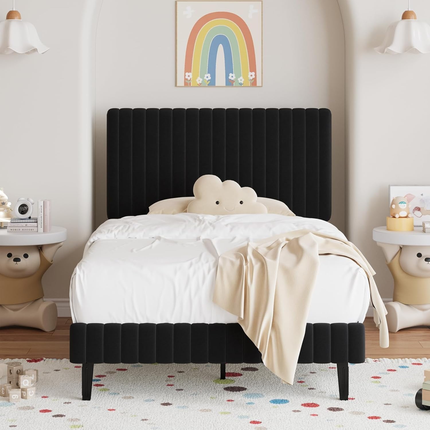 Bed Frame, Upholstered Platform Bed with Vertical Tufted Headboard and ...