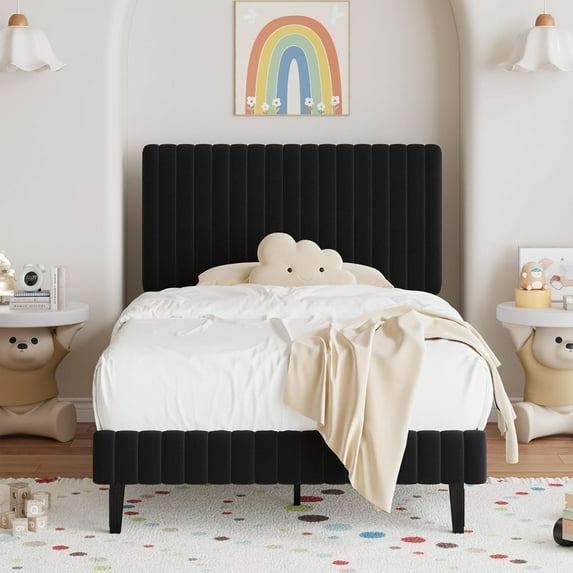 Bed Frame, Upholstered Platform Bed with Vertical Tufted Headboard and ...