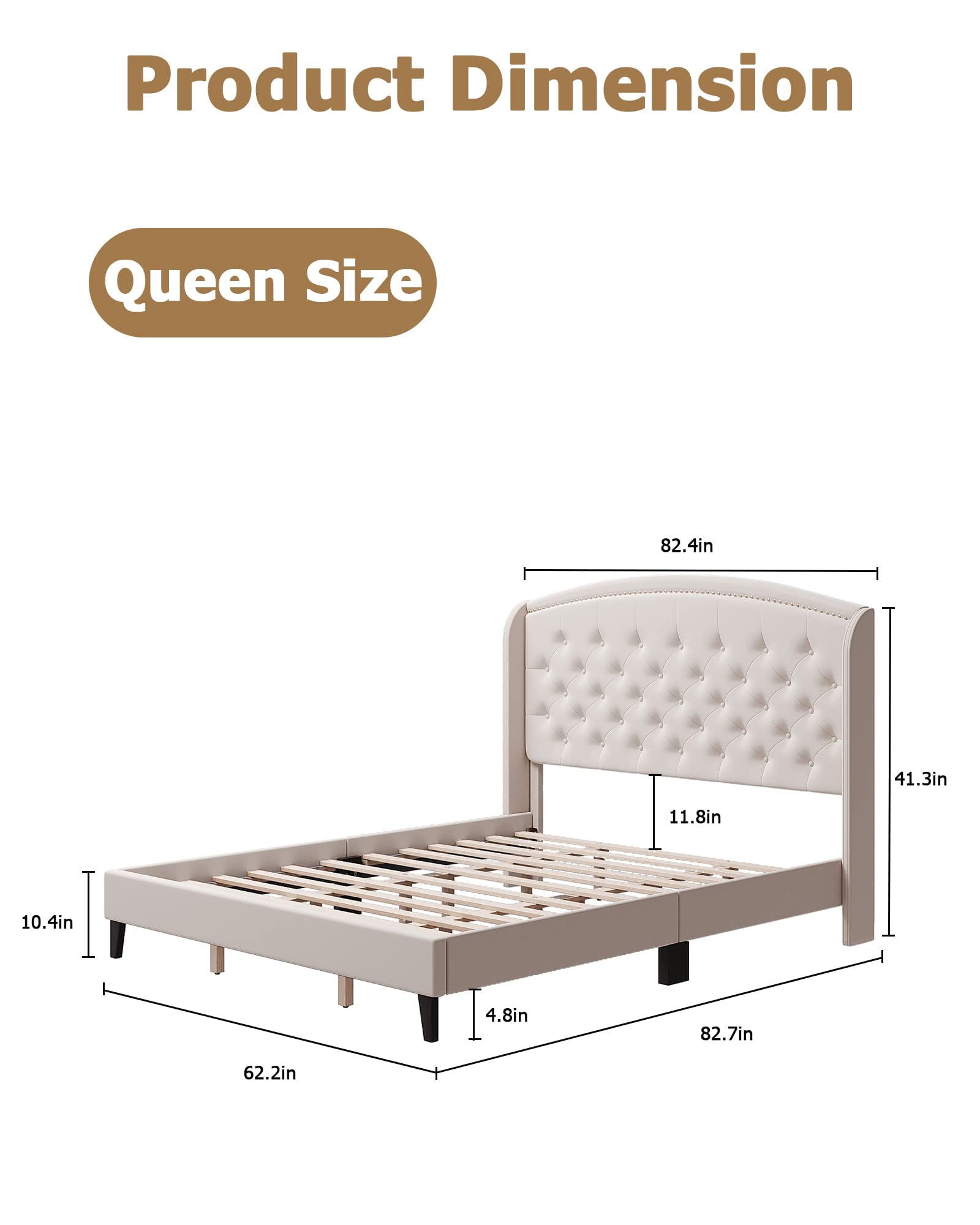 Bed Frame, Upholstered Platform Bed with Wingback Headboard and Button Tufted Design, Wood Slat ...