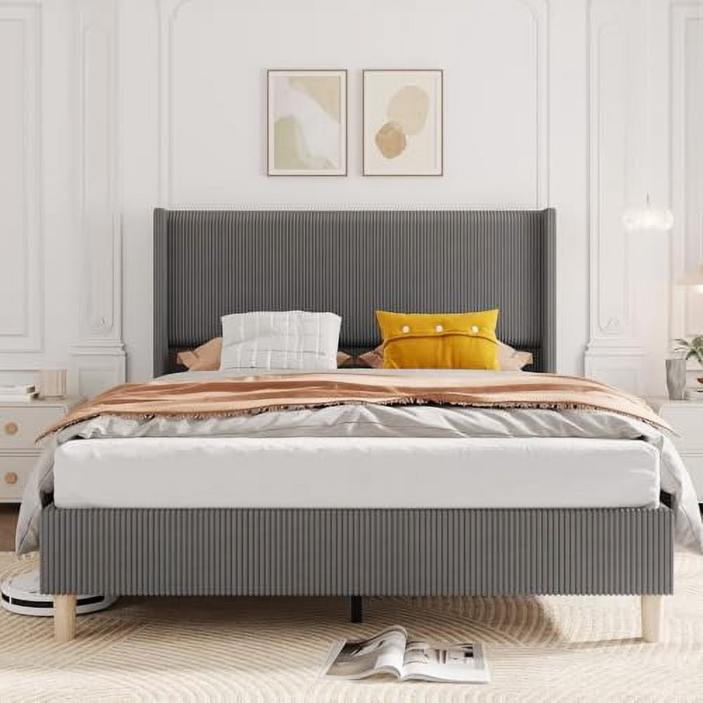 Bed Frame, Upholstered Platform Corduroy Bed Frame with Vertical ...