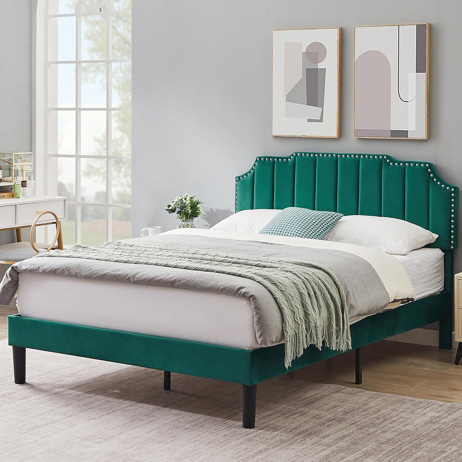 Bed Frame Upholstered Platform with Tufted Adjustable Headboard ...