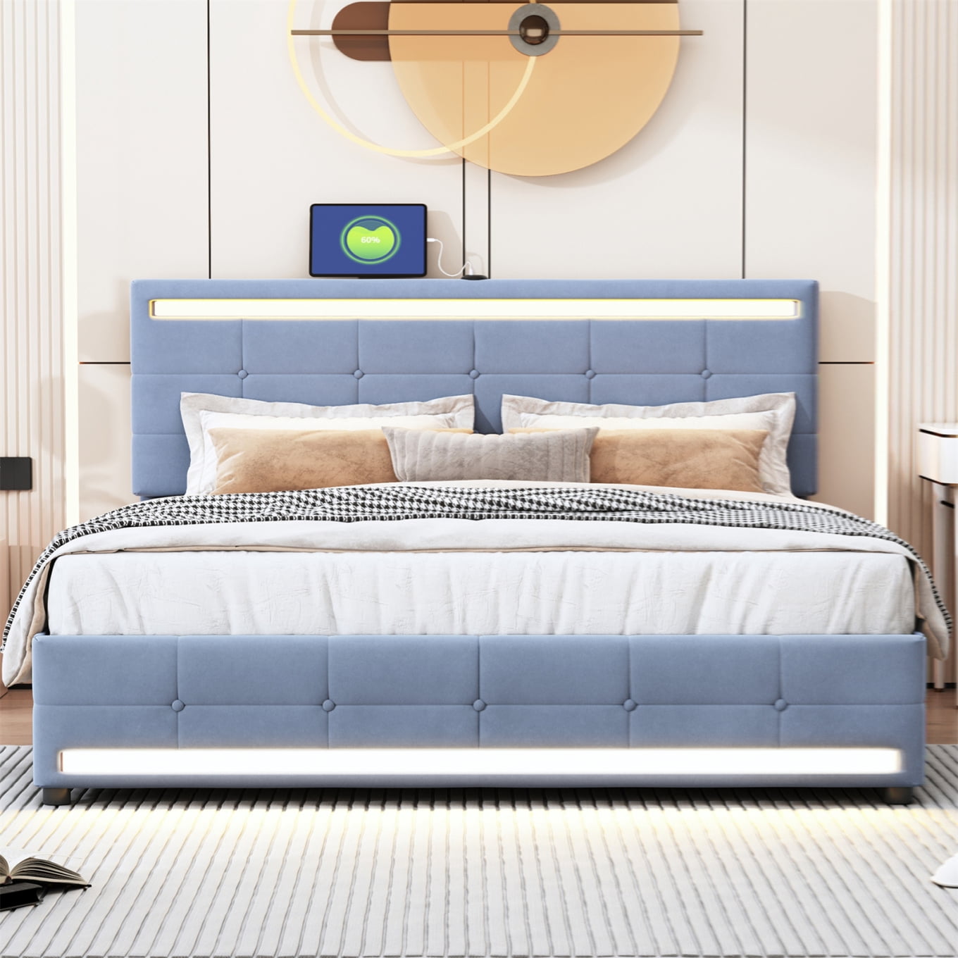 Bed Frame, Velvet Bed Queen Size, with 4 Drawers and a set of Type C ...
