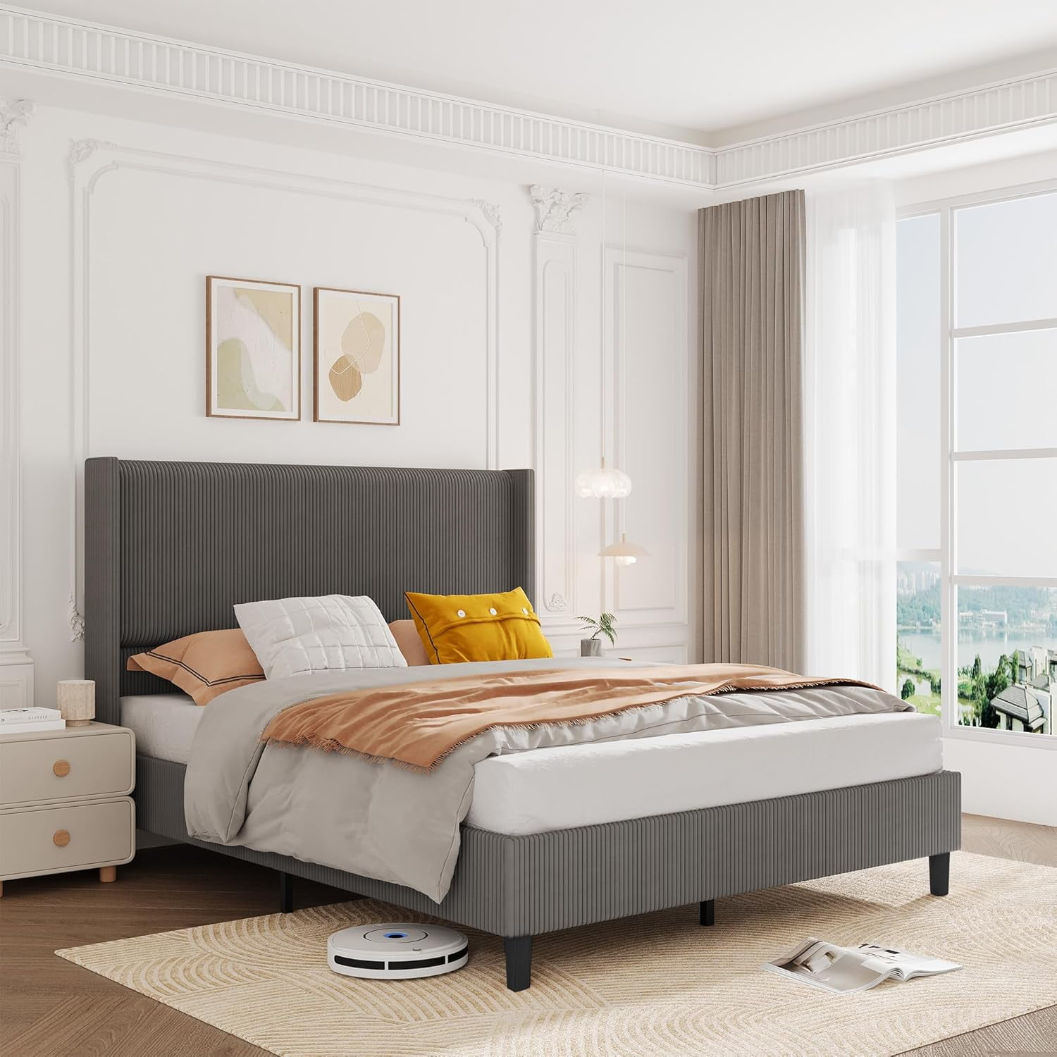 Bed Frame with 50" Tall Wingback Headboard, Corduroy Upholstered ...