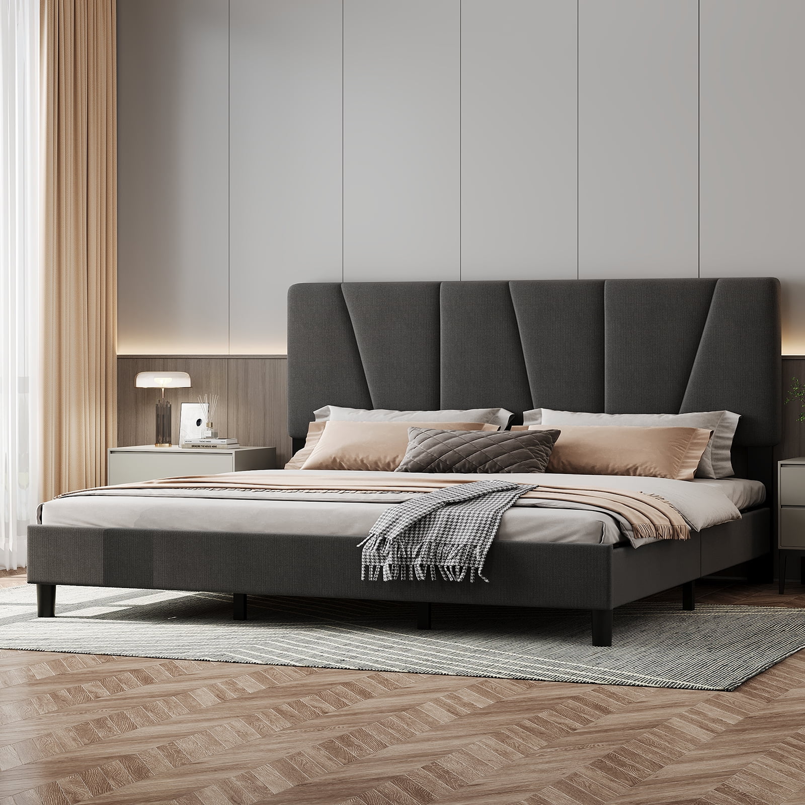 Bed Frame with Adjustable Headboard, Upholstered Bed with Wooden Slats ...