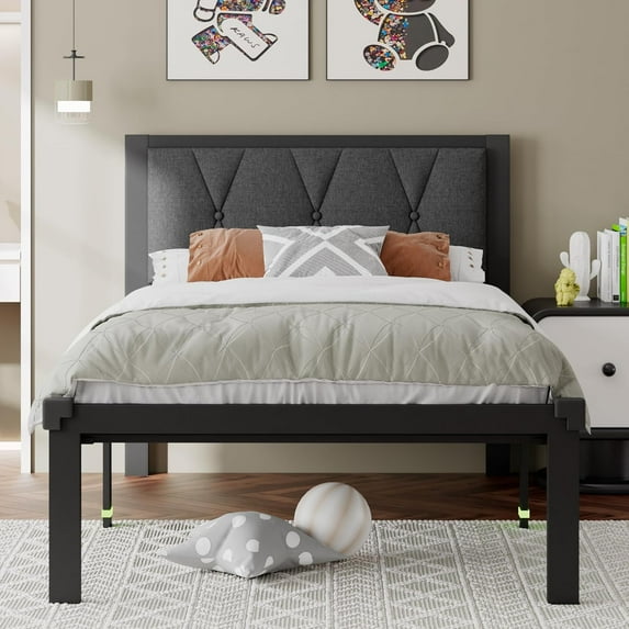 Bed Frame with Fabric Button Tufted Headboard, Platform Bed with Slats ...
