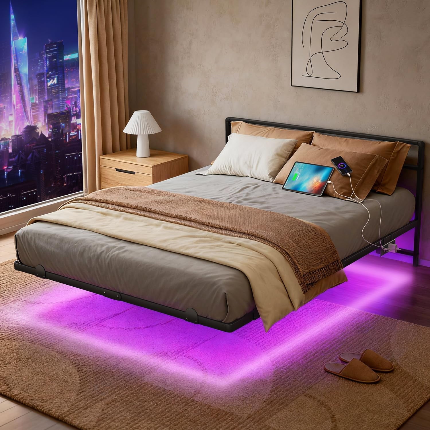 Bed Frame with Headboard, 14 Inch Floating Bed with Lights and Station ...