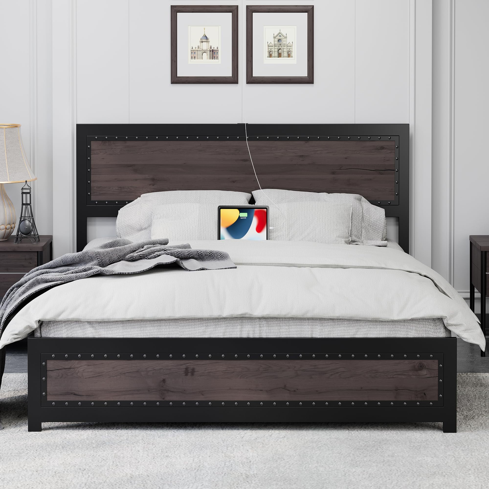 Bed Frame with Headboard, Industrial Platform Bed Frame with Charge ...
