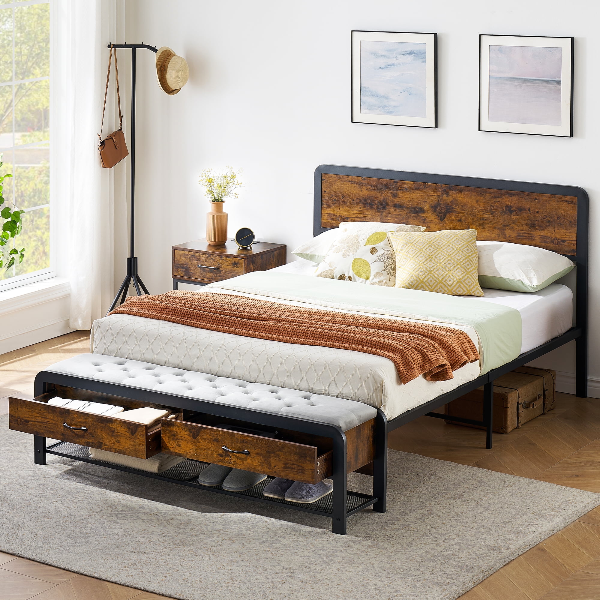 Bed Frame with Headboard, Platform Bed Frame with Sit Bench & Storage ...