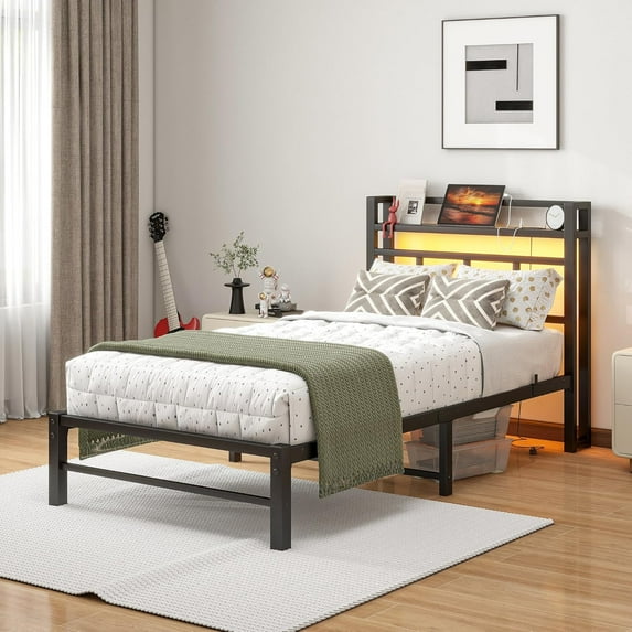 Bed Frame with Headboard,Single Bed Frame with Station and Lights ...