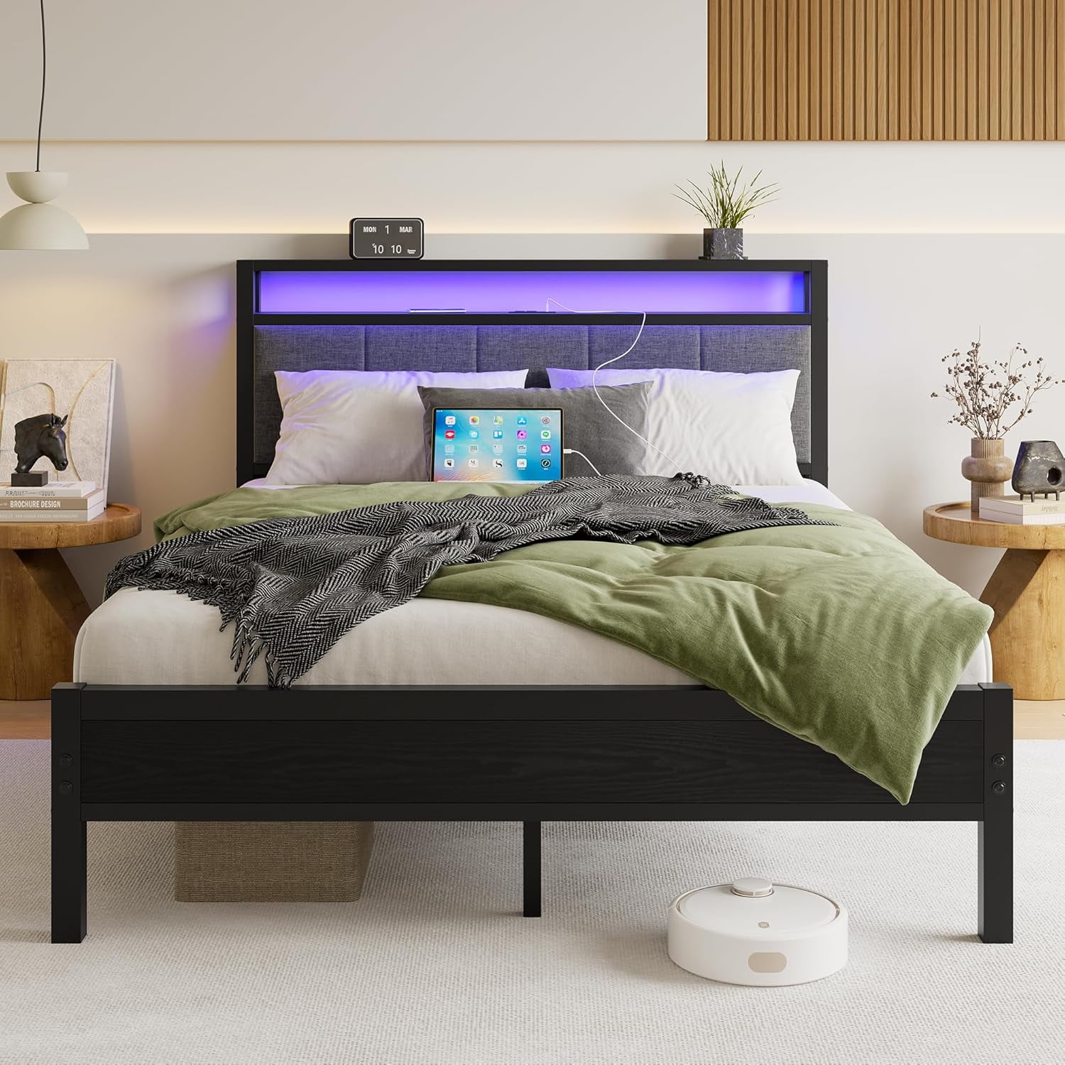 Bed Frame with Headboard Storage,Upholstered Platform Bed Frame Size ...