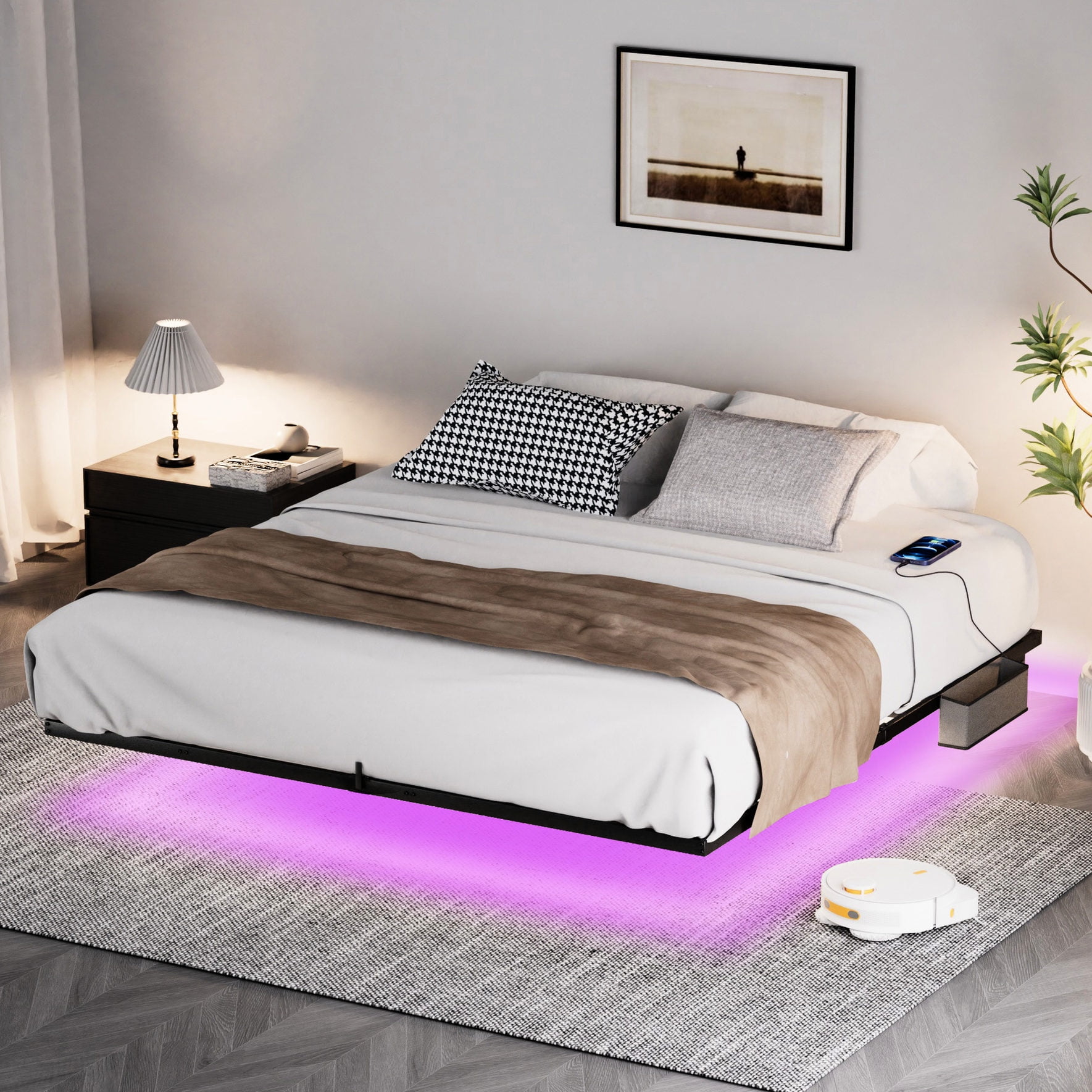 Bed Frame with LED and Charging / King Size, Strong Iron Frame ...