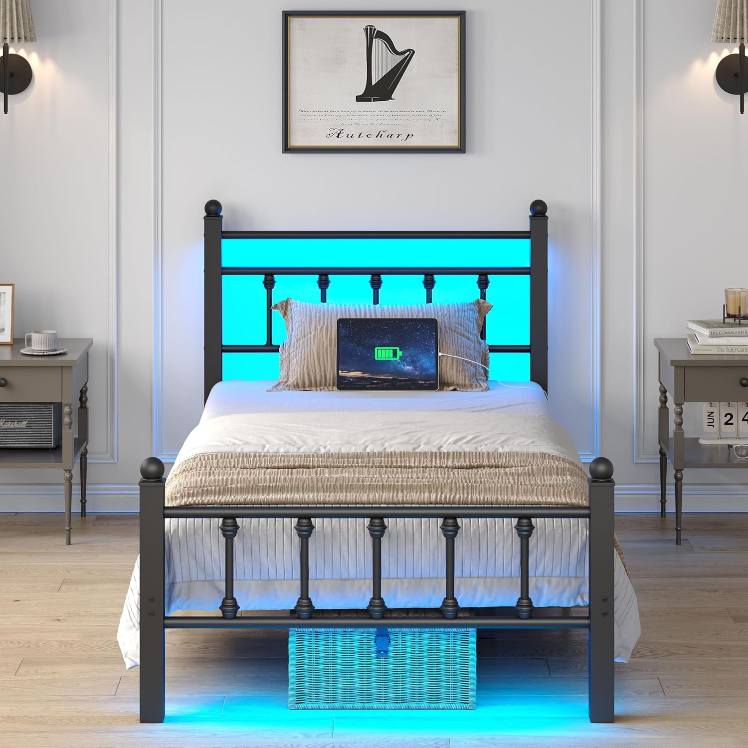 Bed Frame with Lights, Storage Headboard and Station, Wooden Slats, No ...