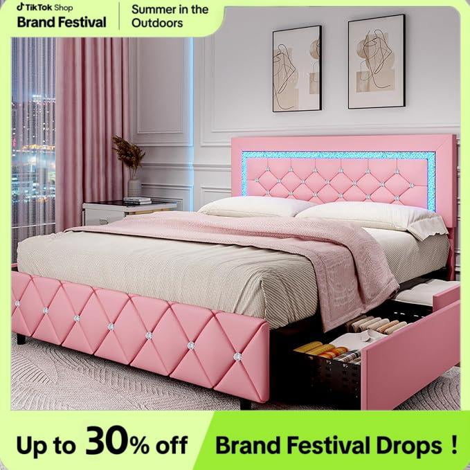 Bed Frame with Lights and Drawers, No Mattress, Diamond Headboard, Faux ...