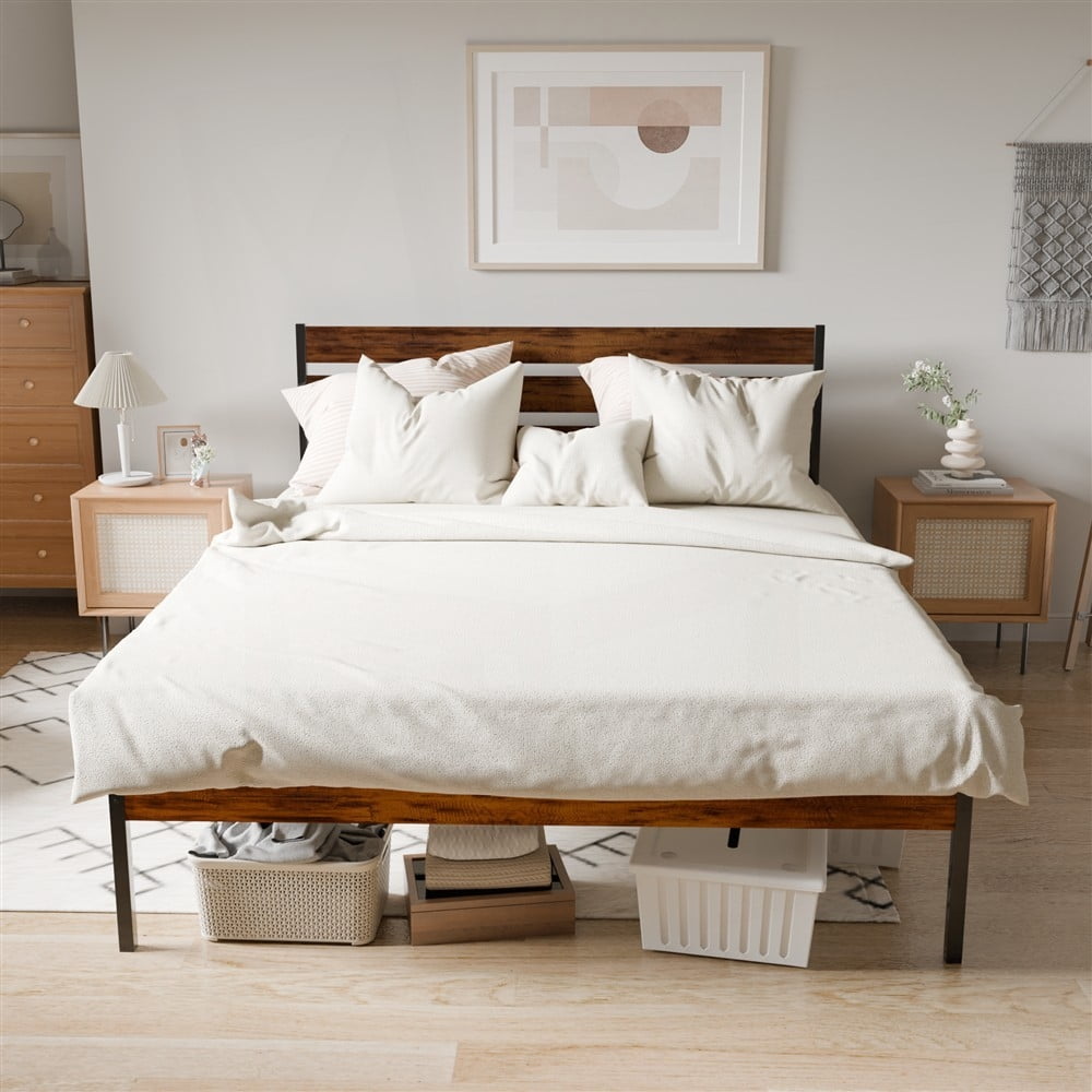 Bed Frame with Rustic Wood and Iron Construction (Queen Size) - Brown ...