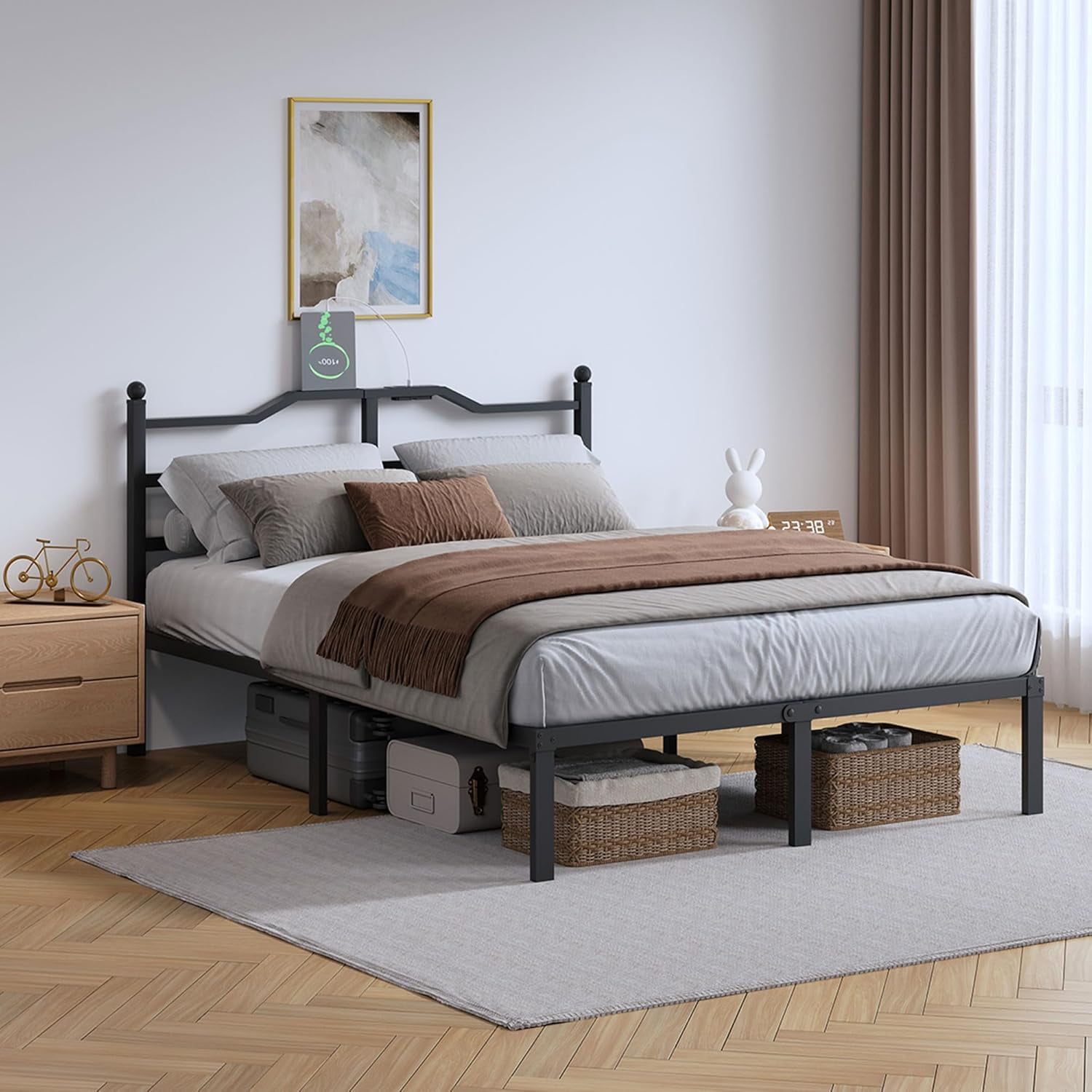 Bed Frame with Station - 14 Inch Size Bedframe with Headboard Black ...