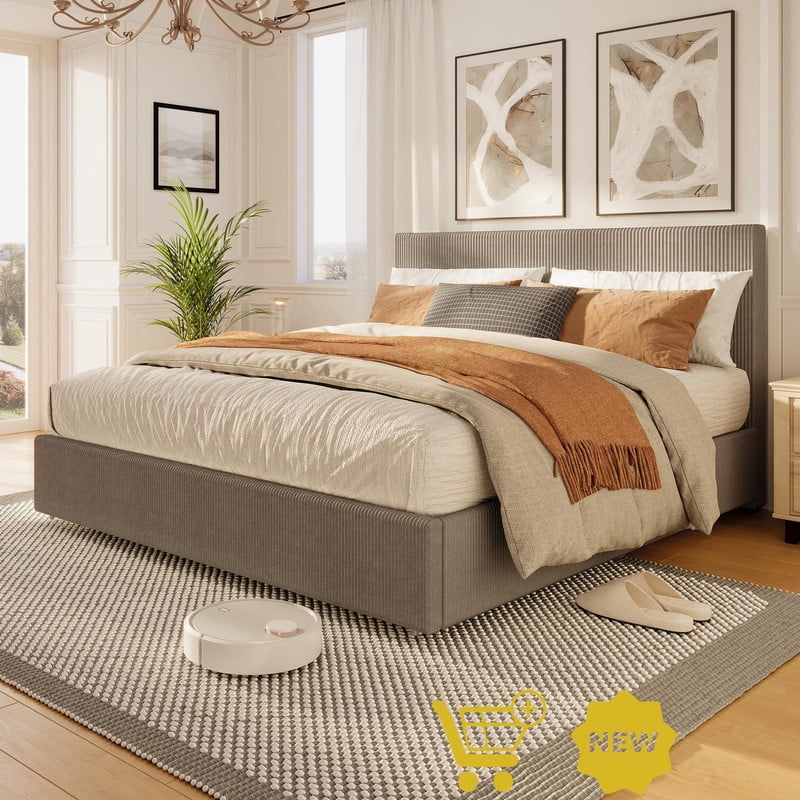 Bed Frame with Storage Drawers, Upholstered Corduroy Headboard, Channel ...