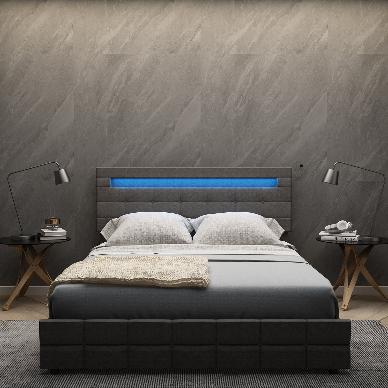Bed Frame with USB Charging Station and LED Lights,Upholstered ...