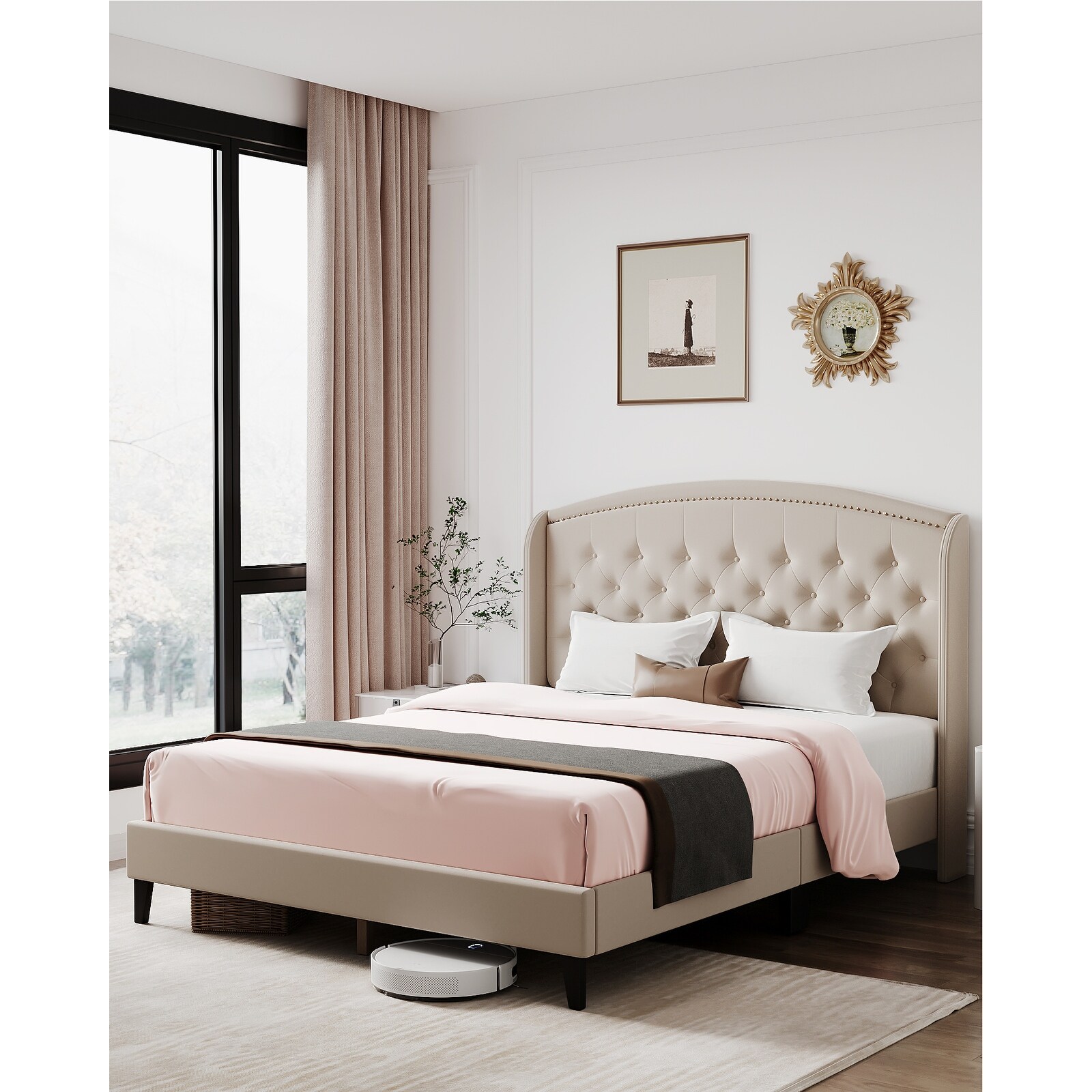 Bed Frame with Upholstered Headboard Beige - Full - Walmart.com