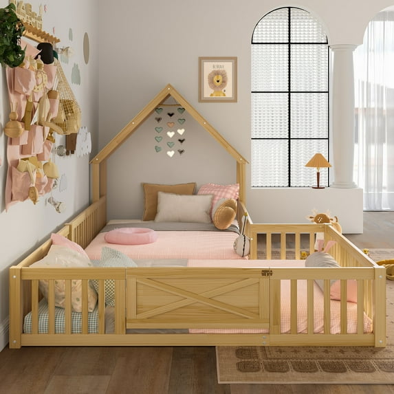 Bed Frames Full Size House Floor Bed, Double Full Floor Bed with Door ...