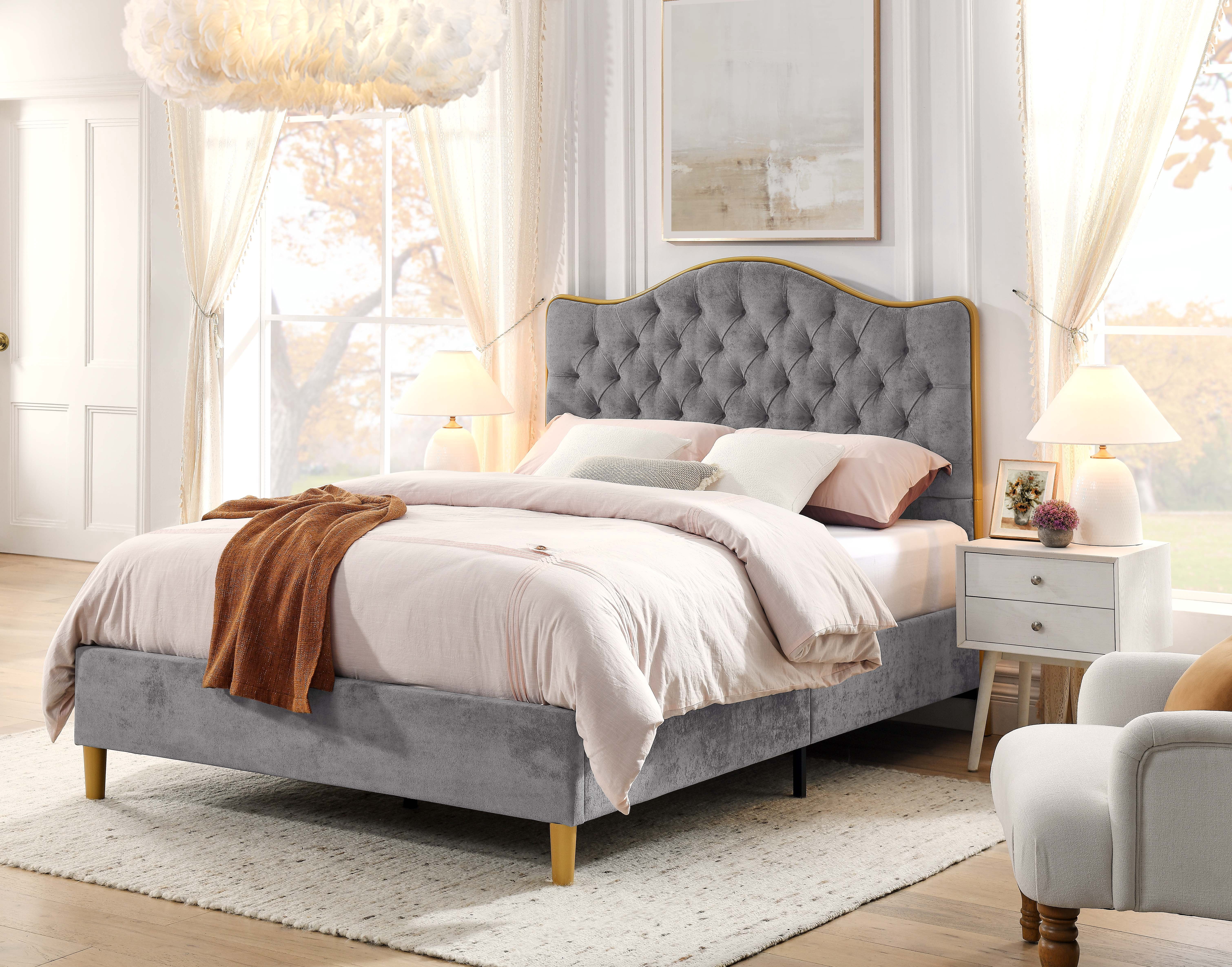 Bed Frames, Luxelegance Upholstered Queen Bed Frame, Gray Storage Beds ...