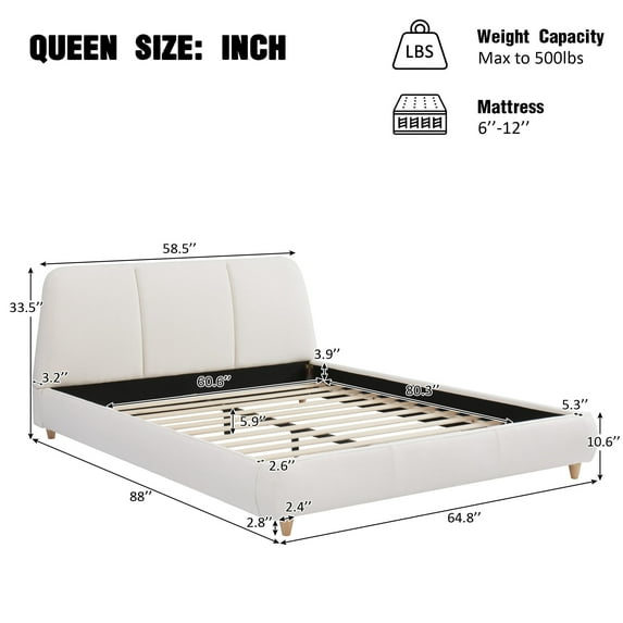 Bed Frames Queen Size Modern Upholstered Bed Frame with Linen Fabric ...